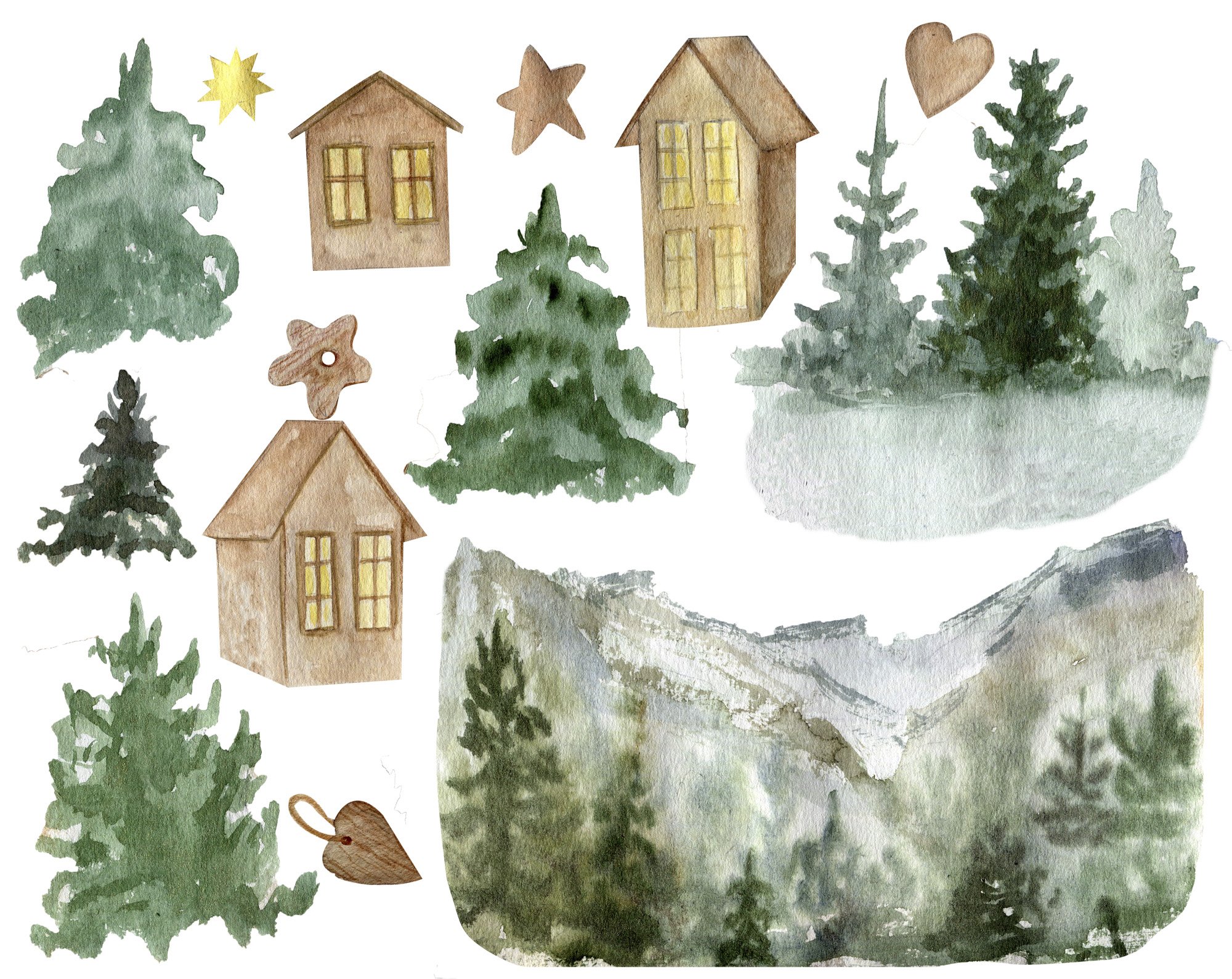 Watercolor forest landscape clipart, House, (1640668)