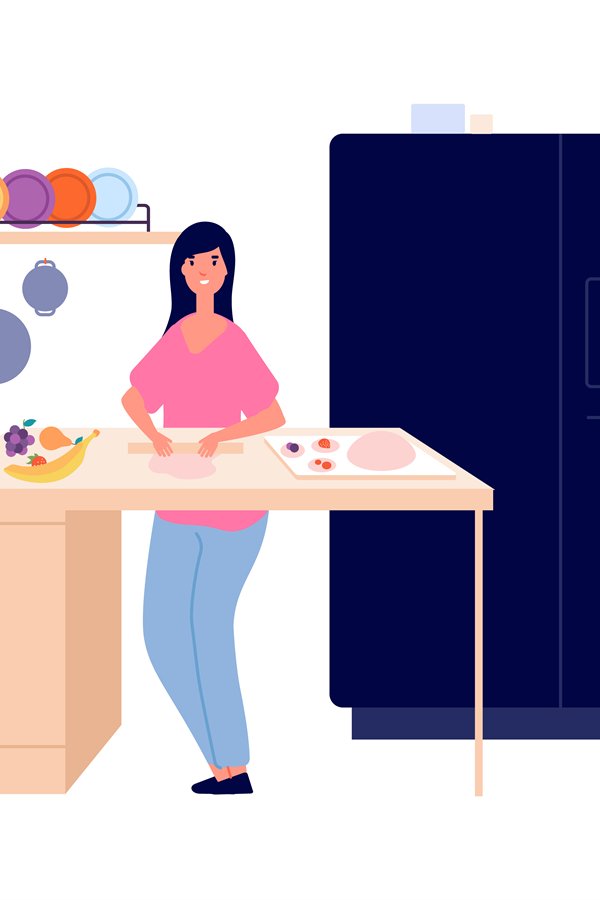 Woman cooking. Girl bakes pie in kitchen. Isolated character