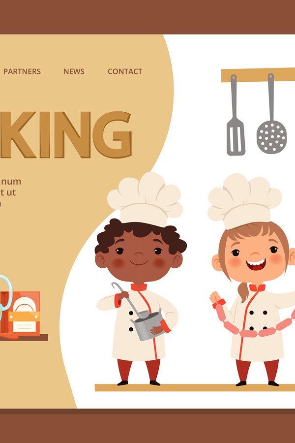 Cute kids chefs - cooking landing page banner template with