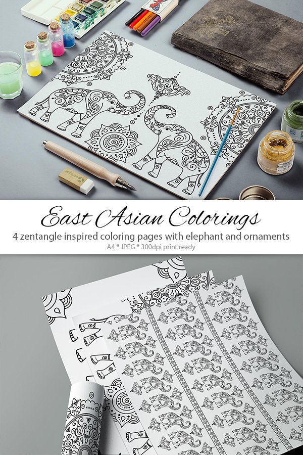4 east asian style zen doodle elephant and mandala coloring