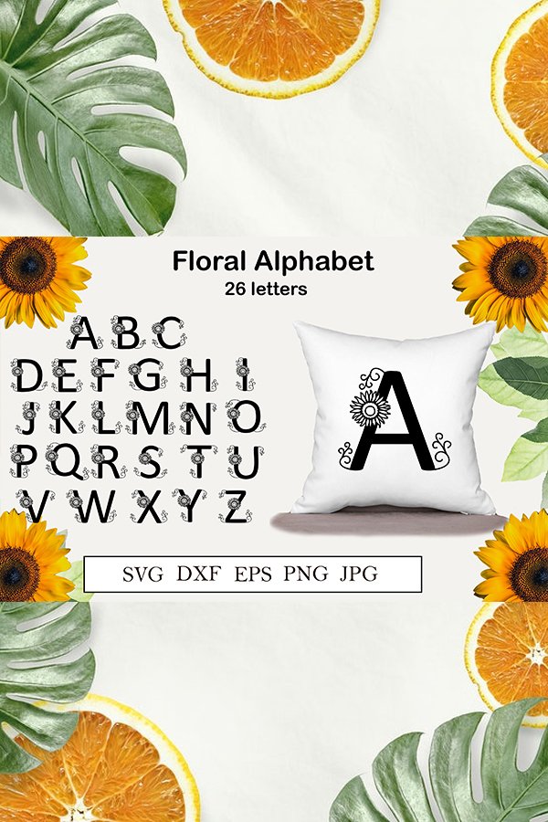 Floral Alphabet, 26 letters svg, Sunflower Alphabet
