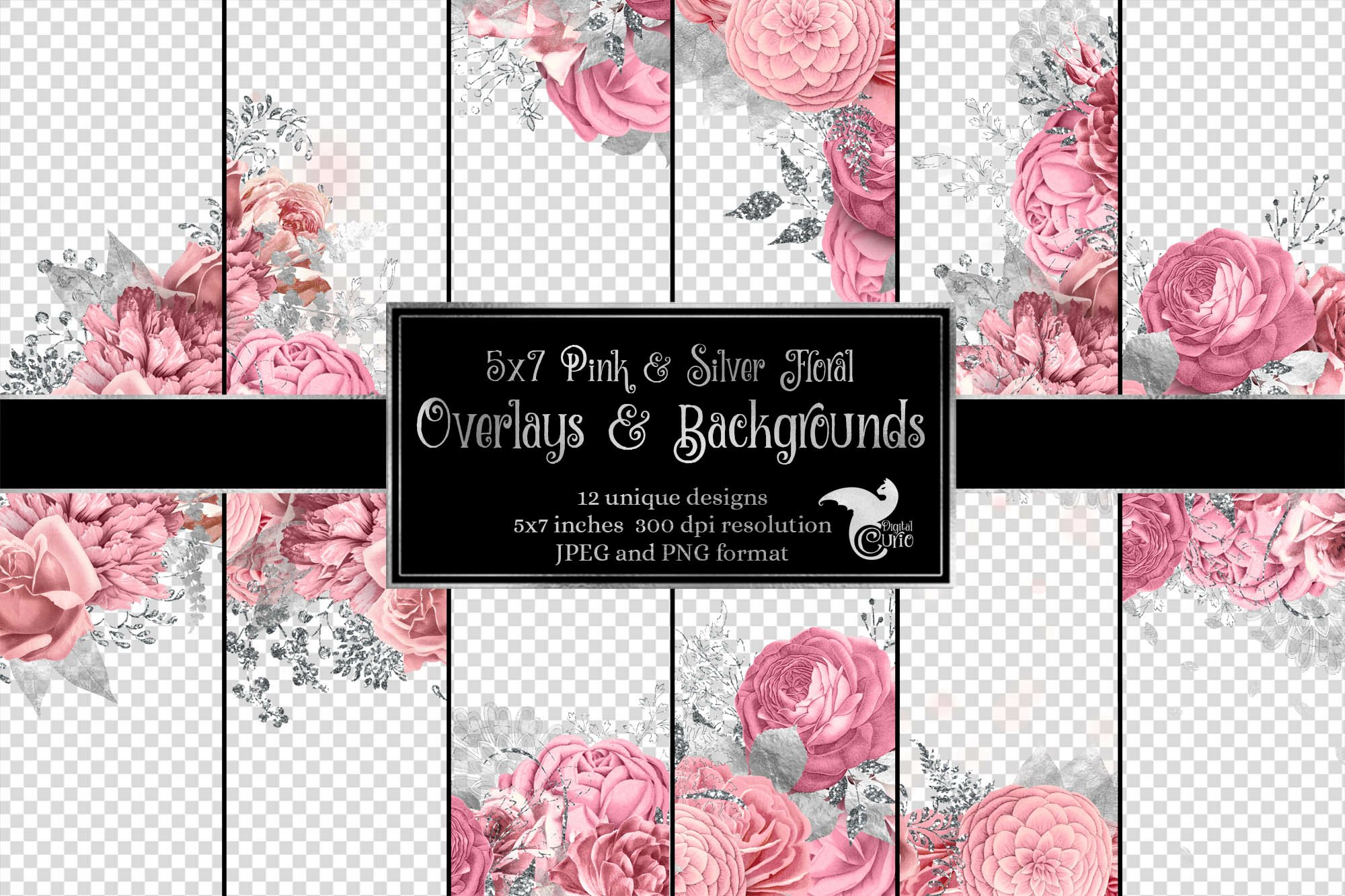 5x7 Pink and Silver Floral Overlays
