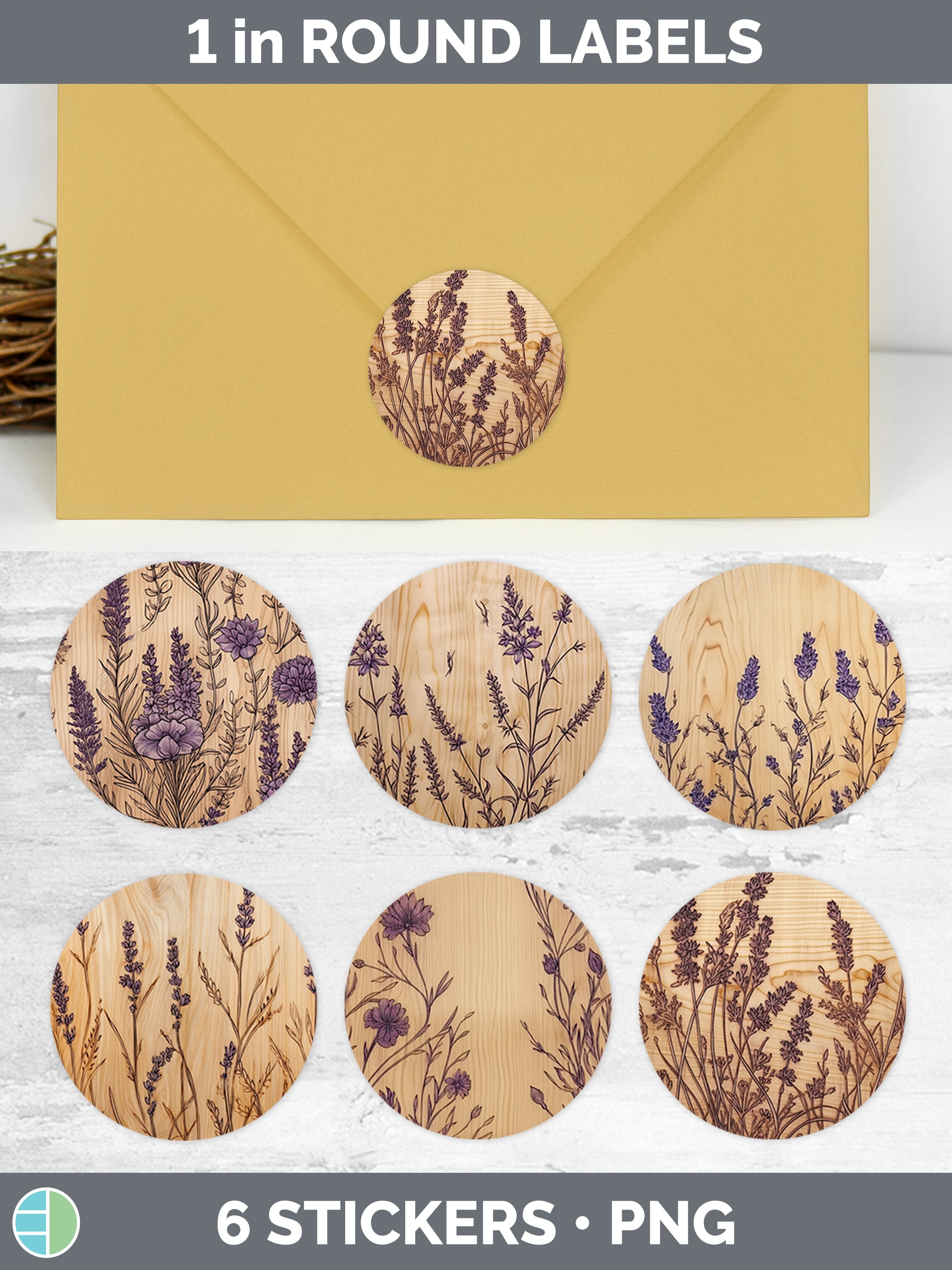 Wood Burned Lavender Flowers Stickers | Round Labels Designs