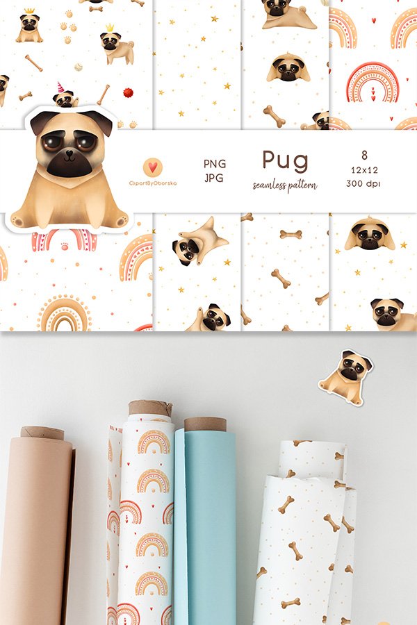 Pug Digital Paper, Dog Seamless Pattern, Cute Pug