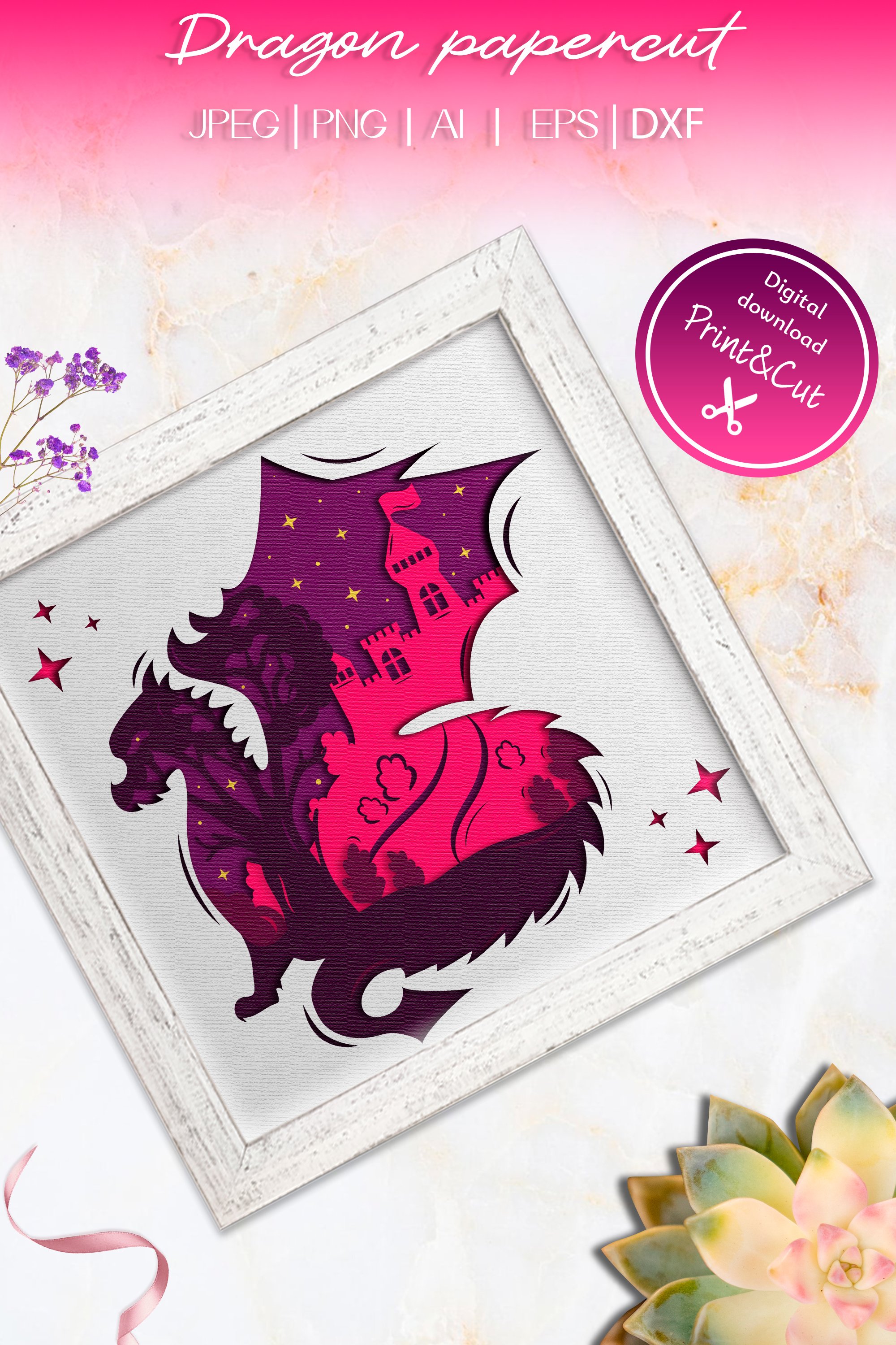 3D Papercut Dragon Scene with castle | Layered Template