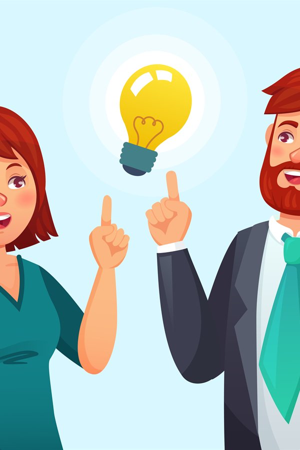 Couple having idea. Husband and wife have solution, adult ma