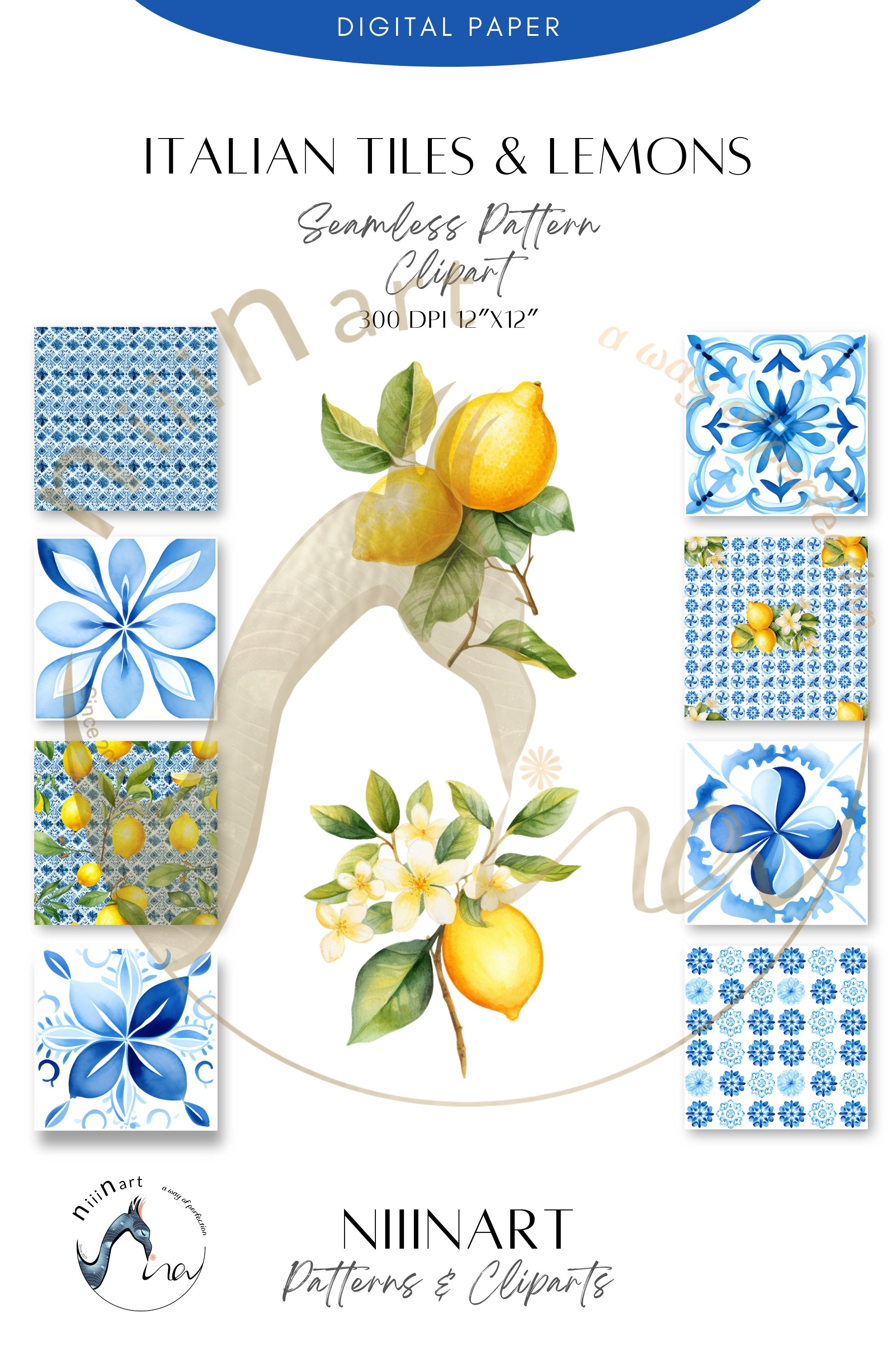 Hand Painted Italian Seamless Pattern & Tiles With Lemon PNG