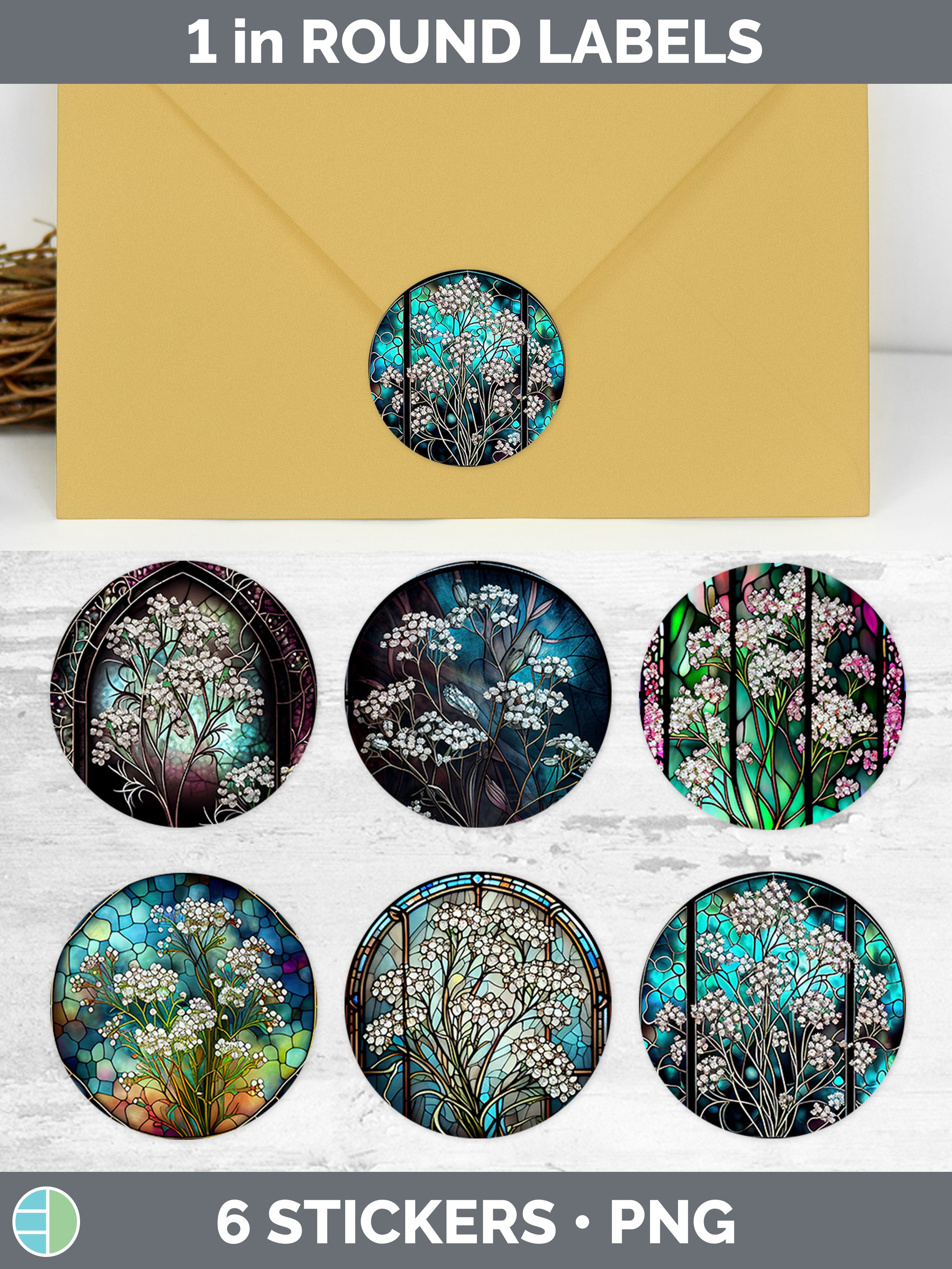Stained Glass Morning Glory Flowers Stickers | Round Labels