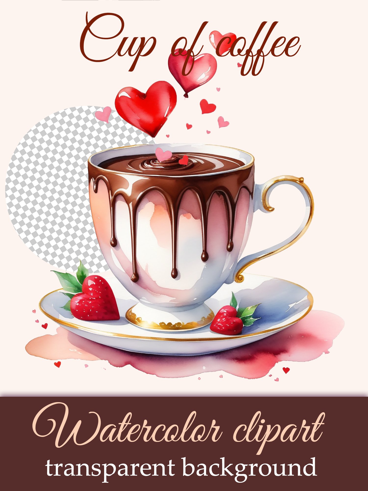 Watercolor Coffee Cup Clipart with Hearts