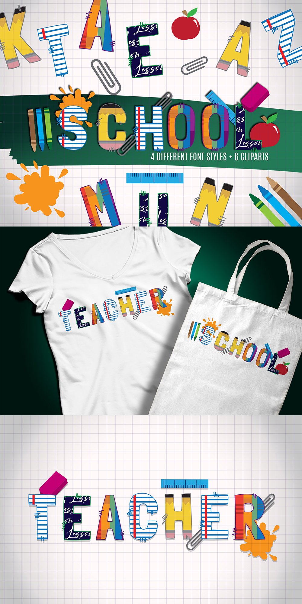 School Doodle Alphabet Letters Bundle With Clipart Elements