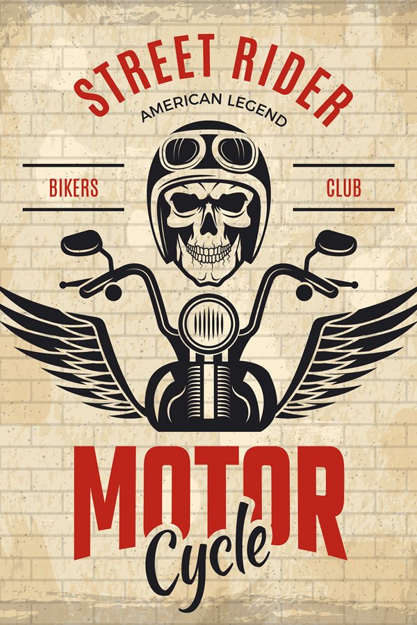 Retro poster bikers. Skull motorcycle gang rider concept pla