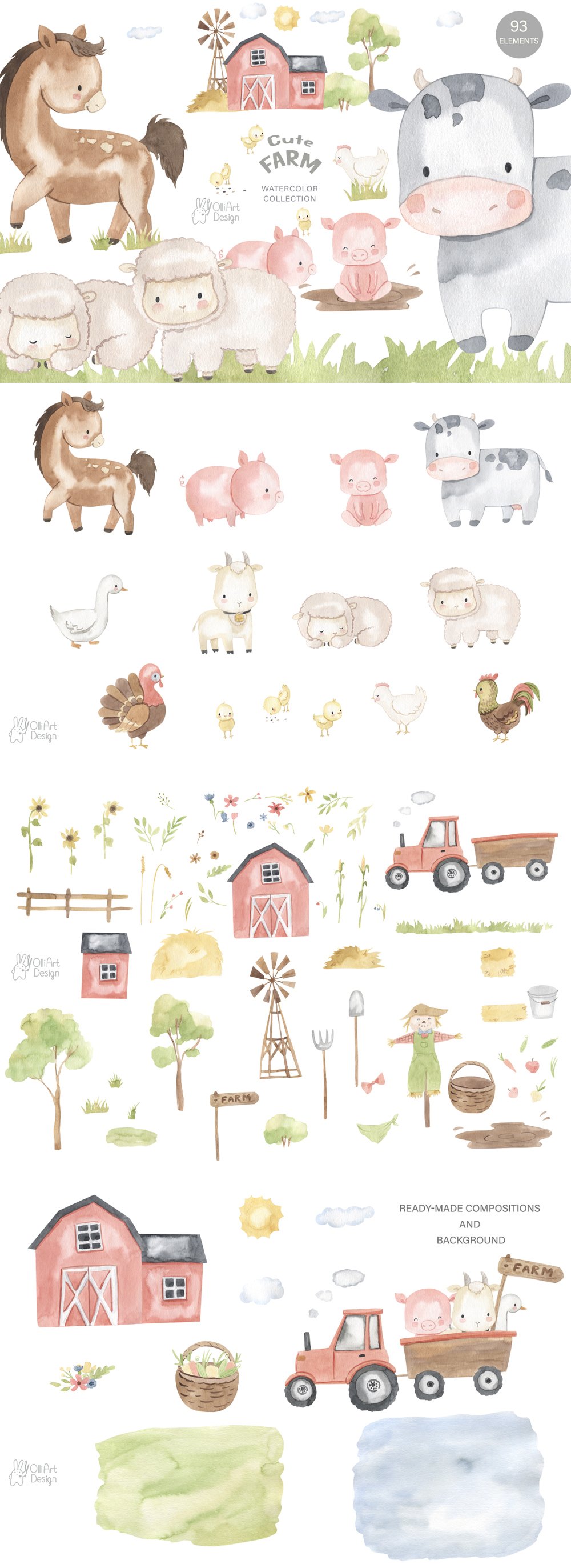 FARM ANIMALS. Watercolor clipart