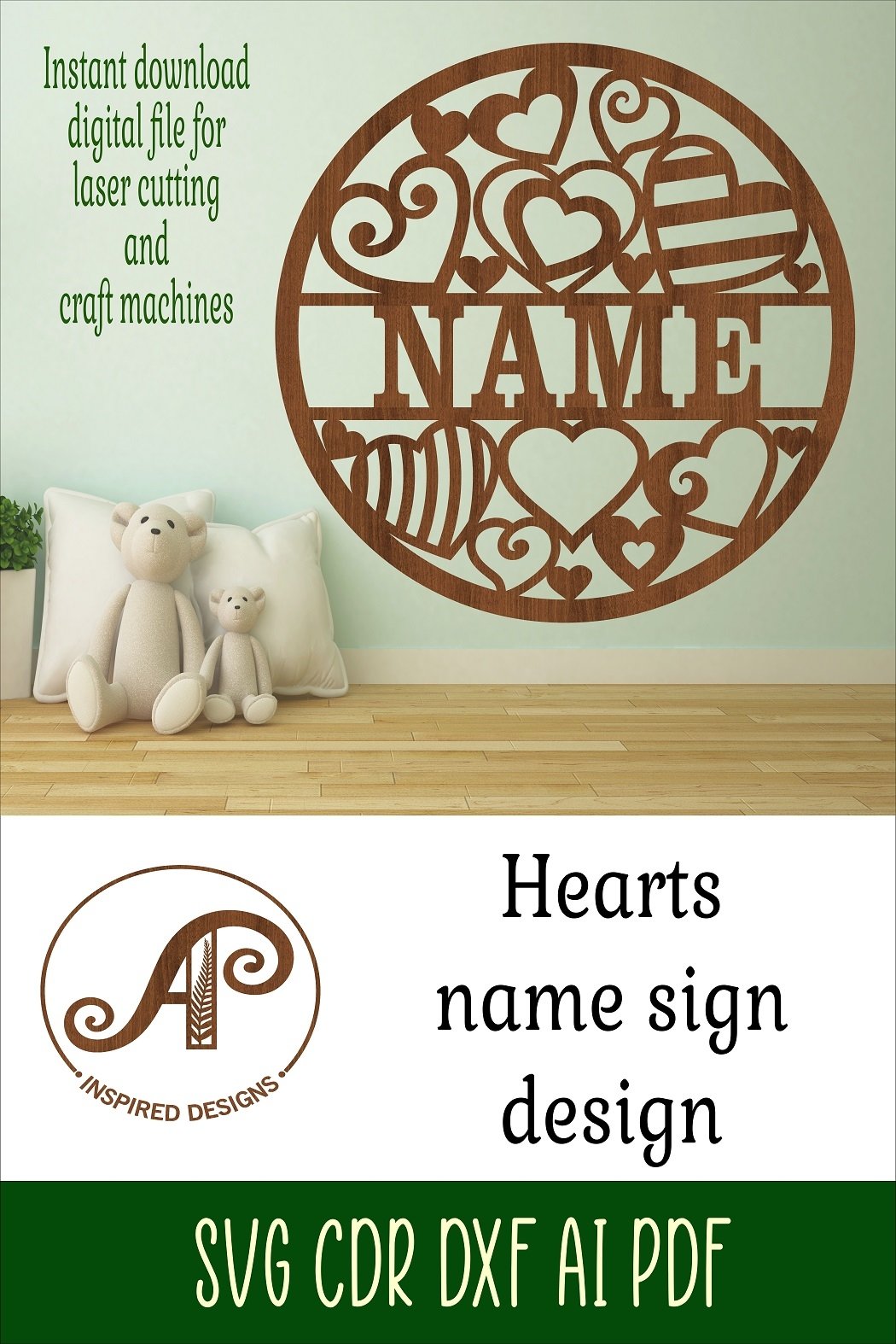Hearts name sign svg laser cut template