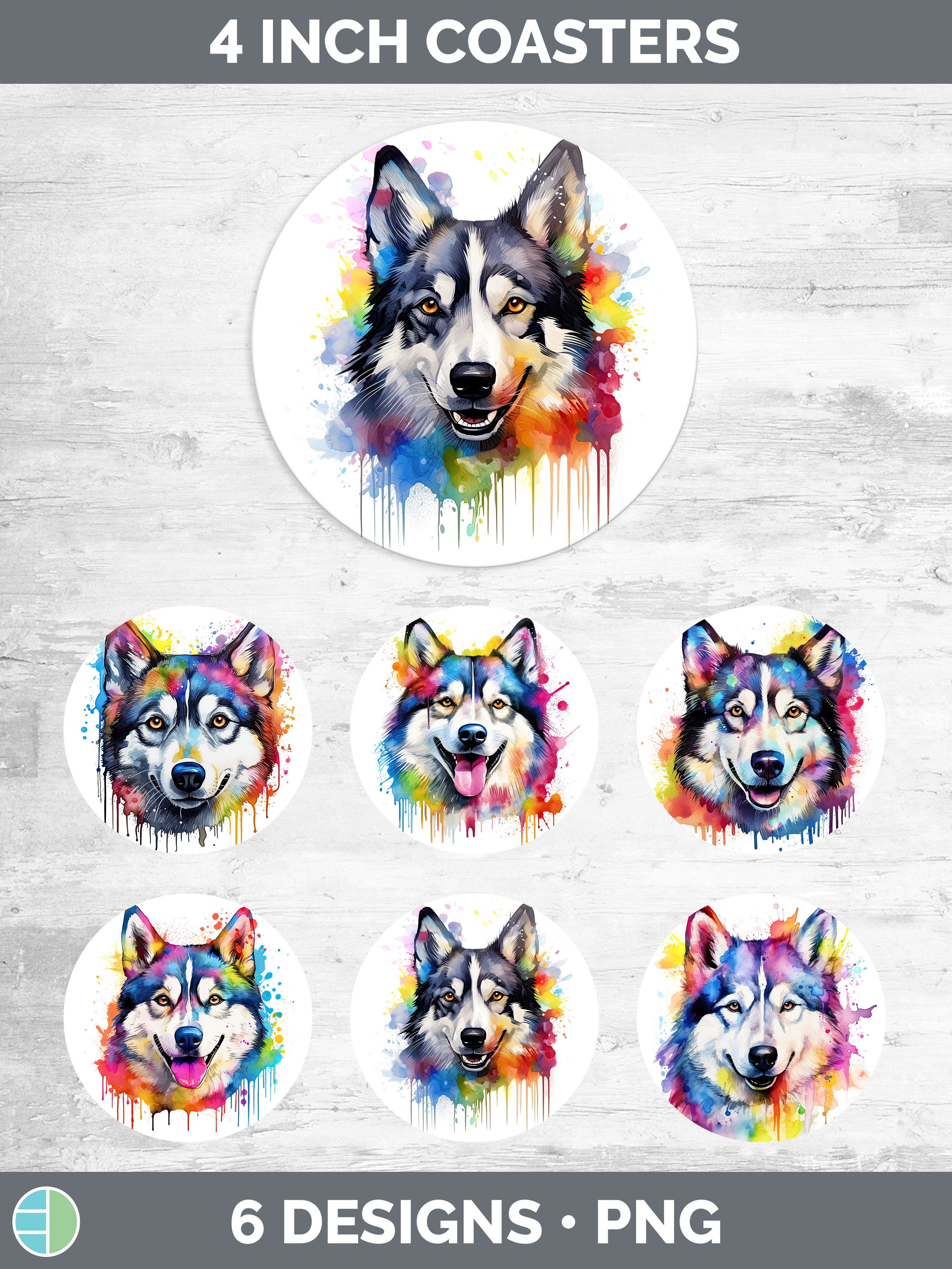 Splat Rainbow Husky Dog Round Coaster | Sublimation Coaster