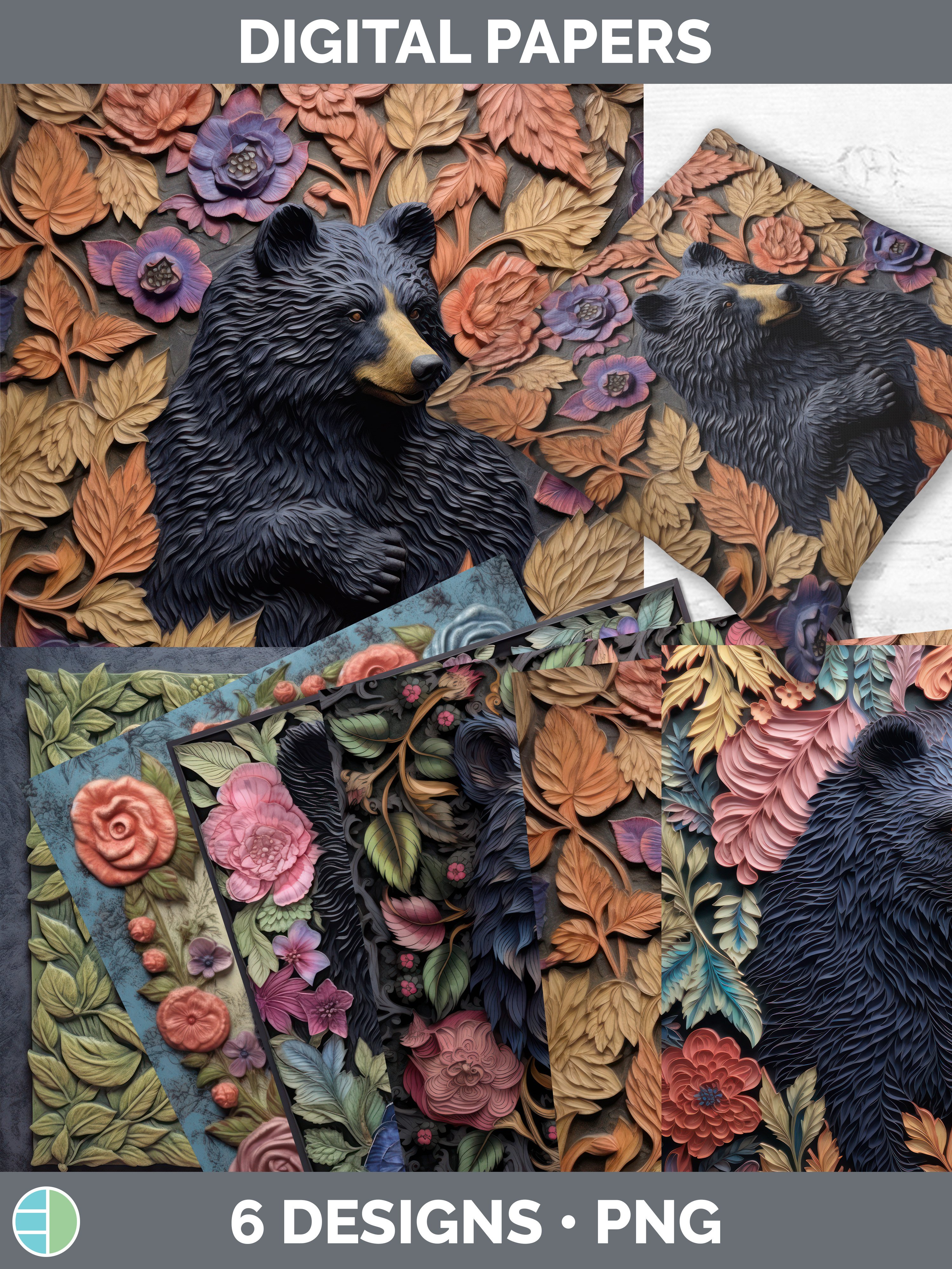 3D Black Bear Paper Backgrounds | Digital Scrapbook Papers D