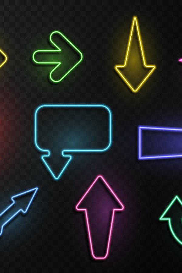 Neon arrows. Lighting with bright design signs, glowing vint
