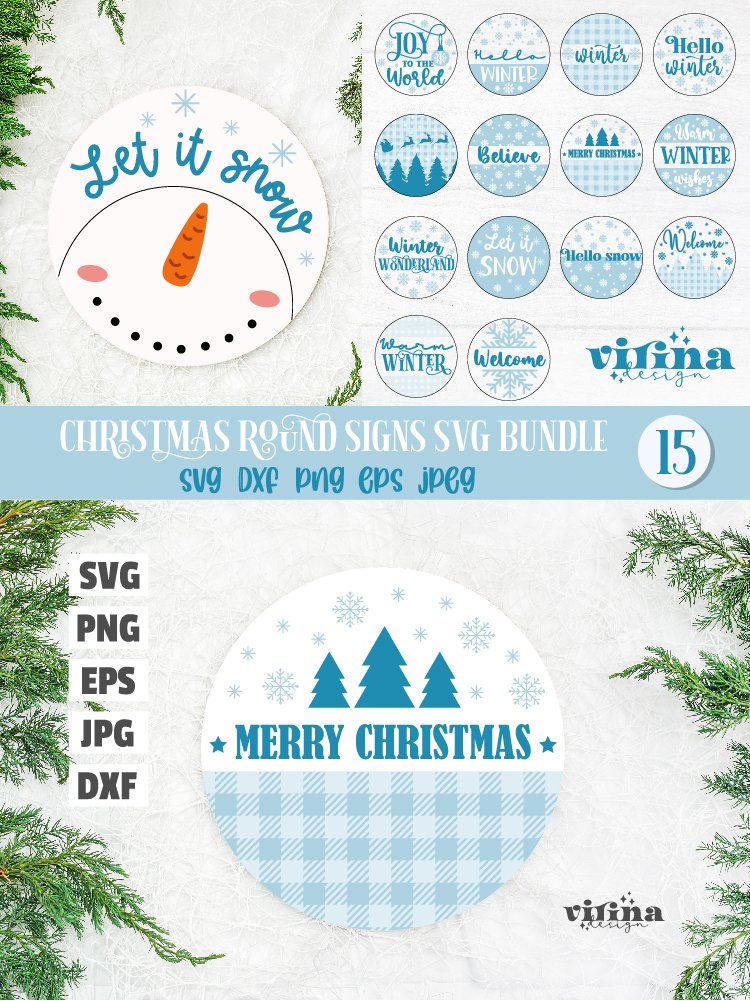 Round Christmas sign svg bundle, Winter snowflake sign svg
