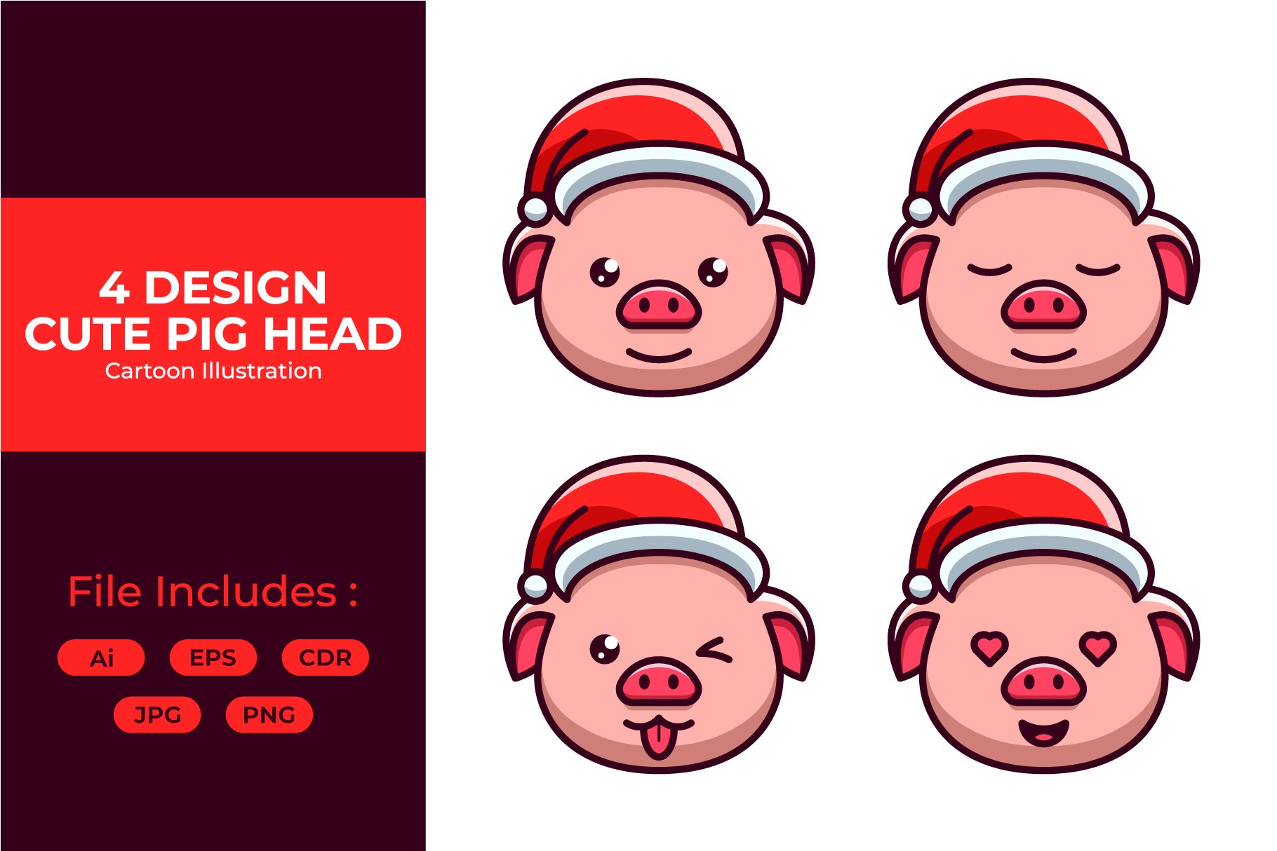 Set Cute Pig Head Flat Illustration