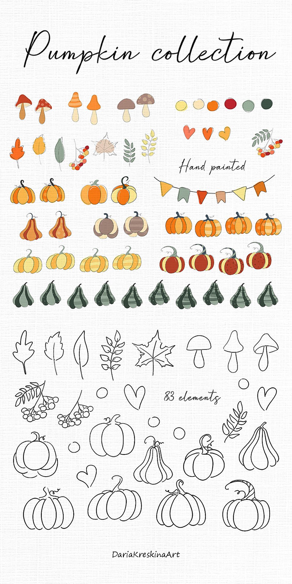 Cute autumn Pumpkin clipart, fall leaves and mushrooms png