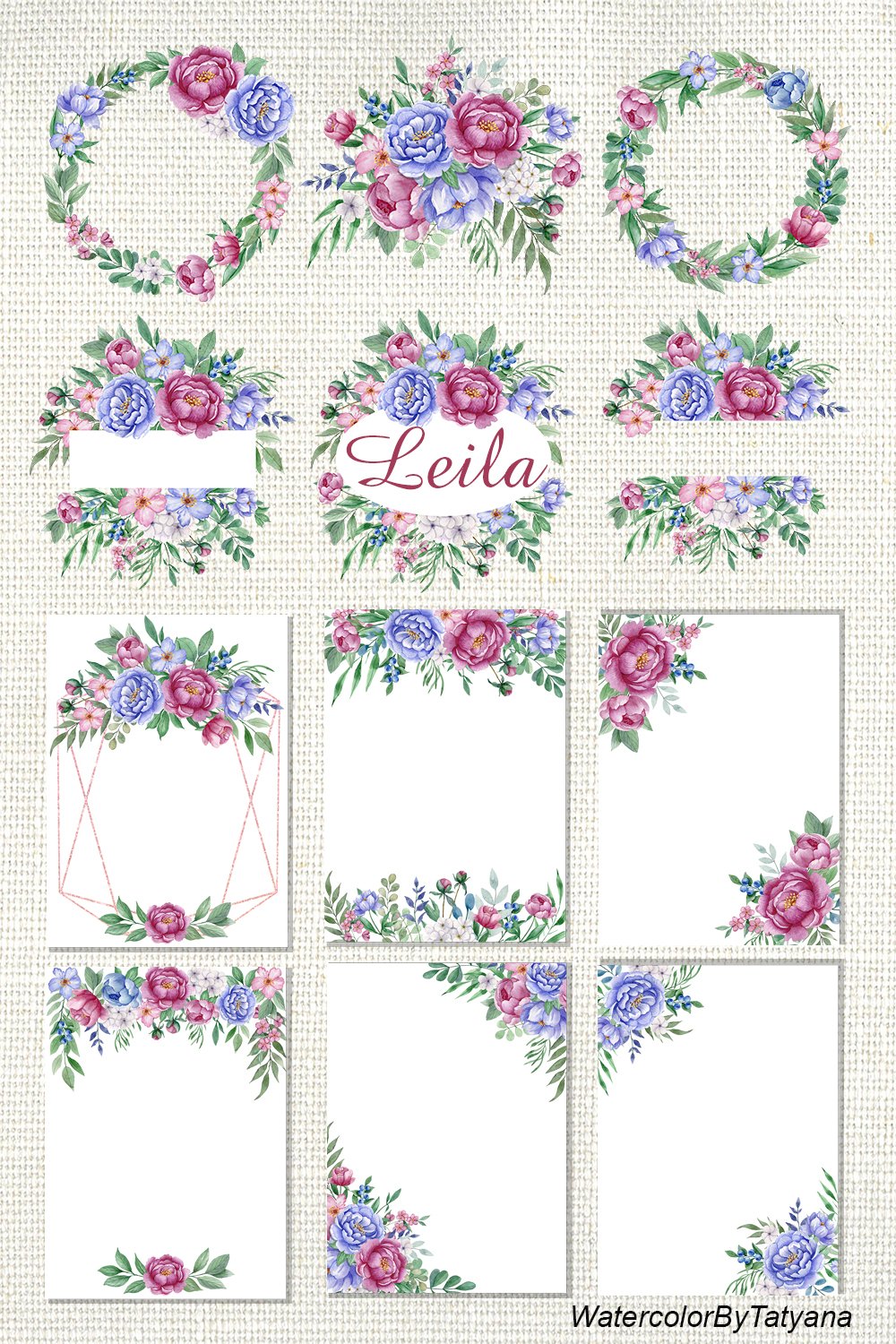 Peonies watercolor set. Festive Wreaths and Frames Clipart