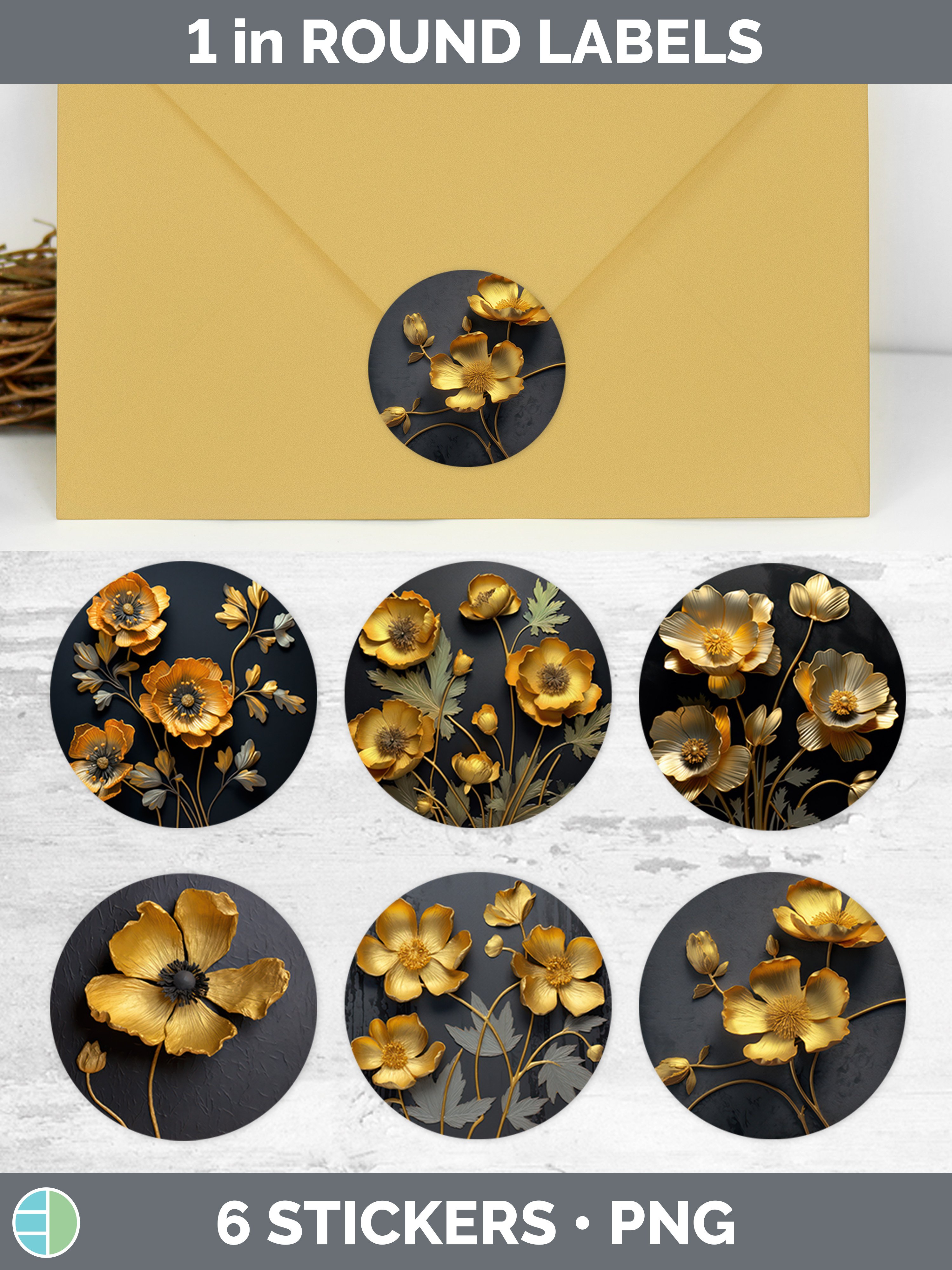 3D Elegant Buttercup Flowers Stickers | Round Labels Designs