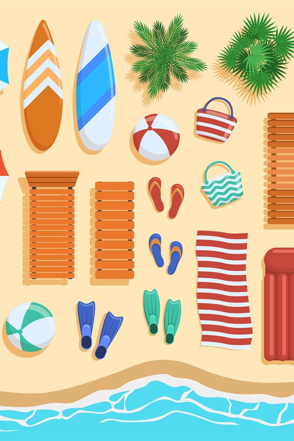 Beach elements top view. Sandy beach elements, tropical palm