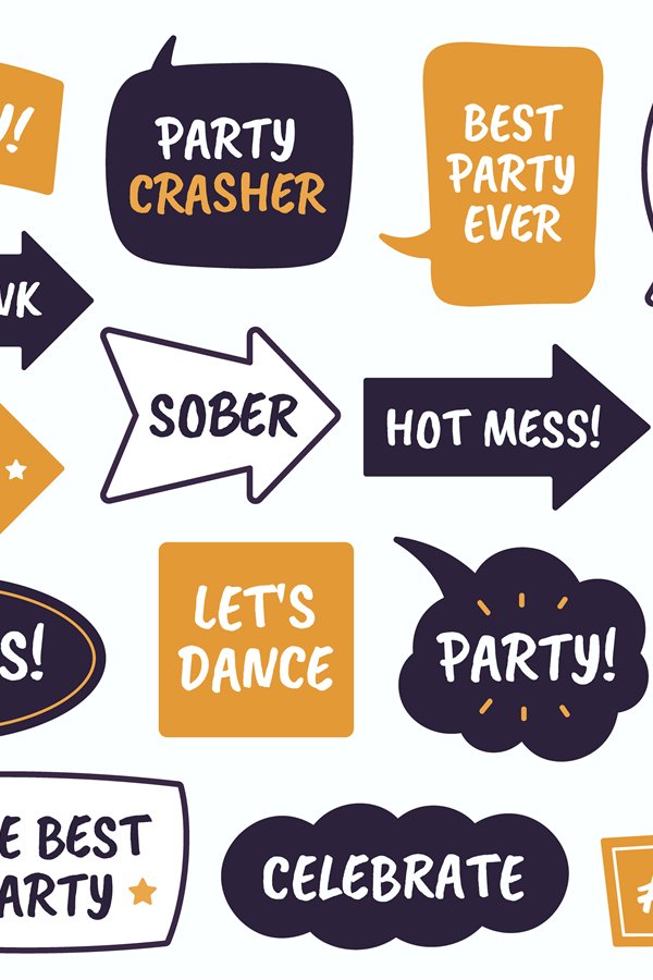 Party props. Black and yellow bubbles with funny quotes, pho