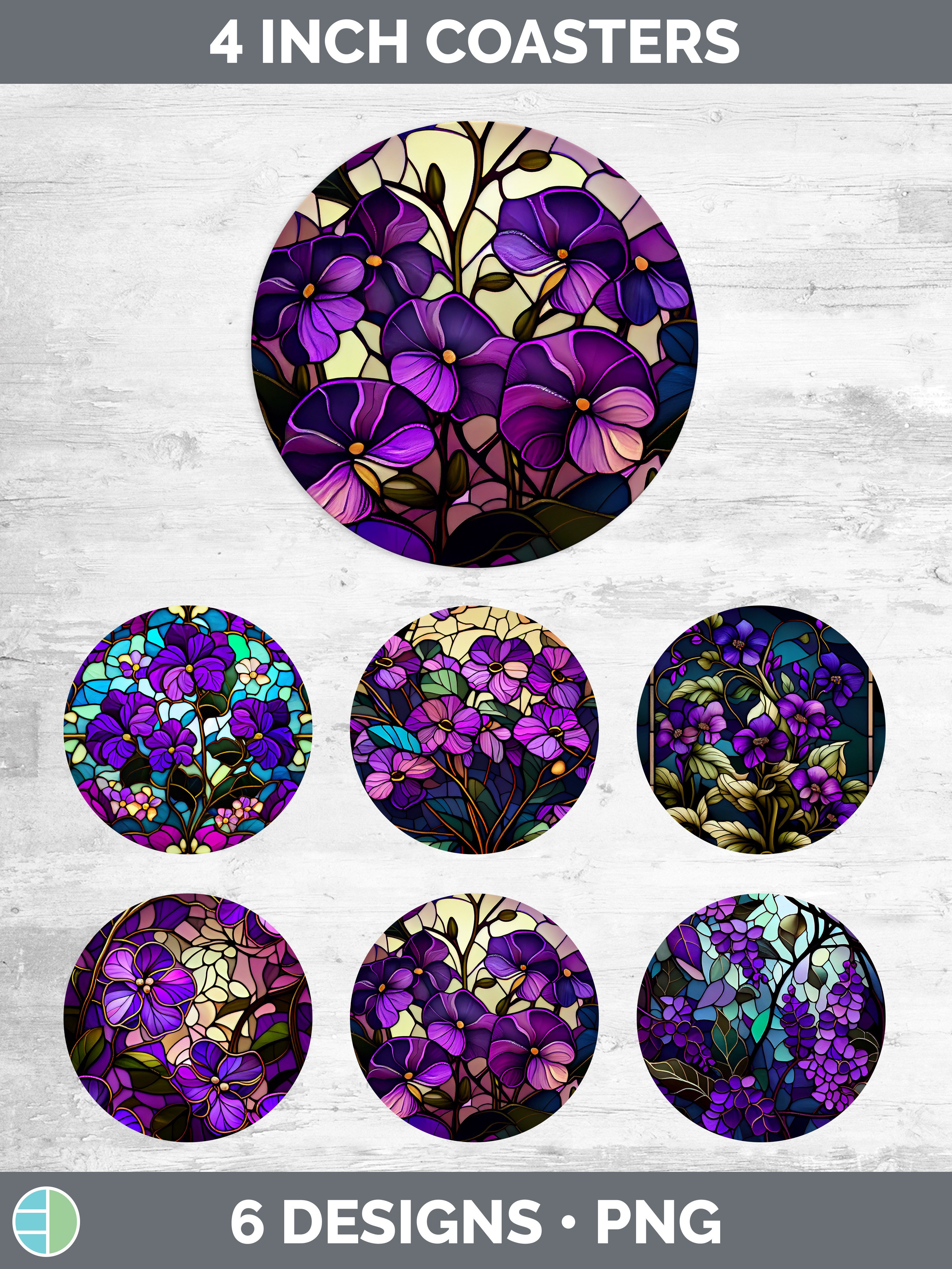 Stained Glass Violet Flowers Round Coaster | Sublimation Coa