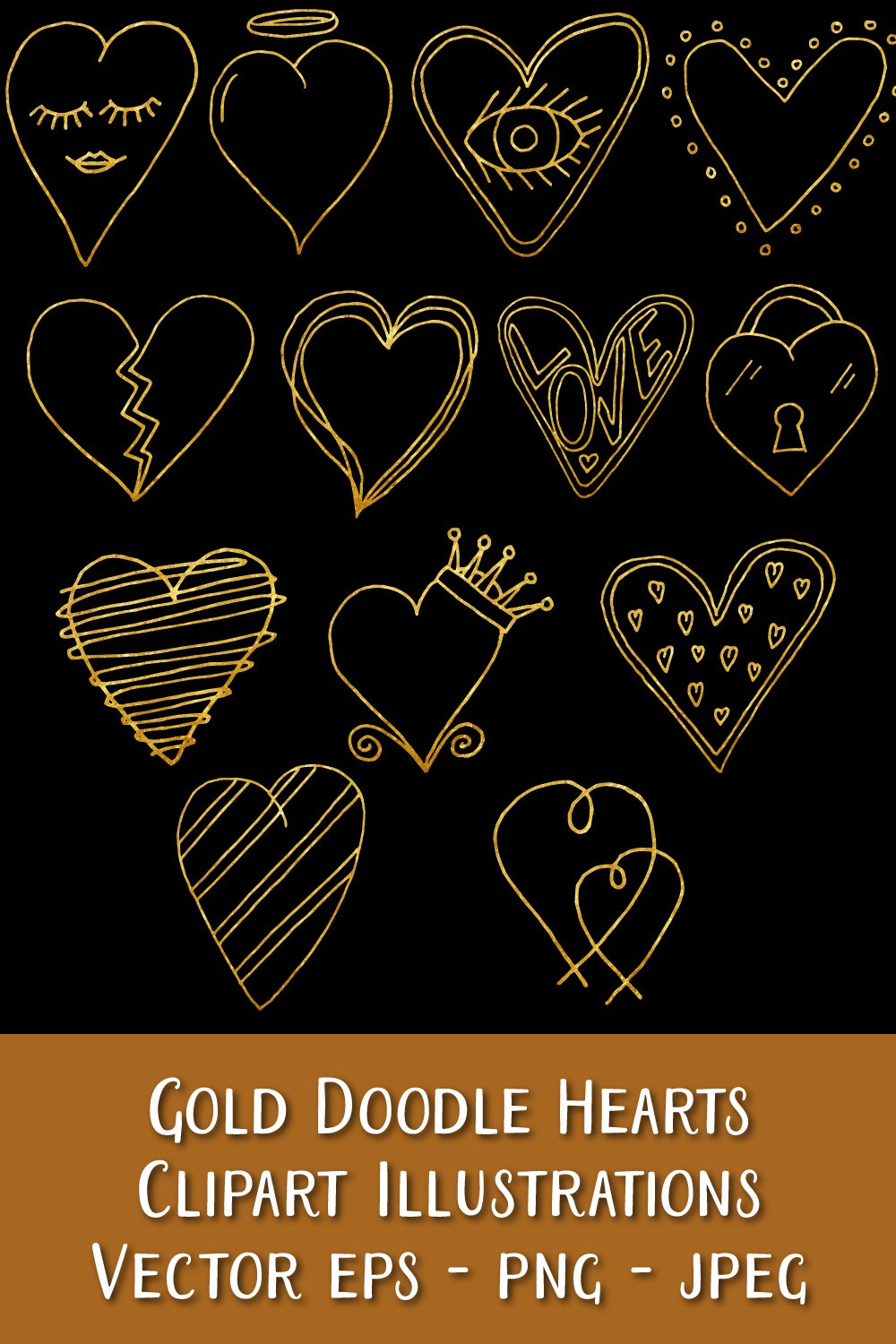 Gold Doodle Hearts Valentines Day and Wedding Clipart Bundle