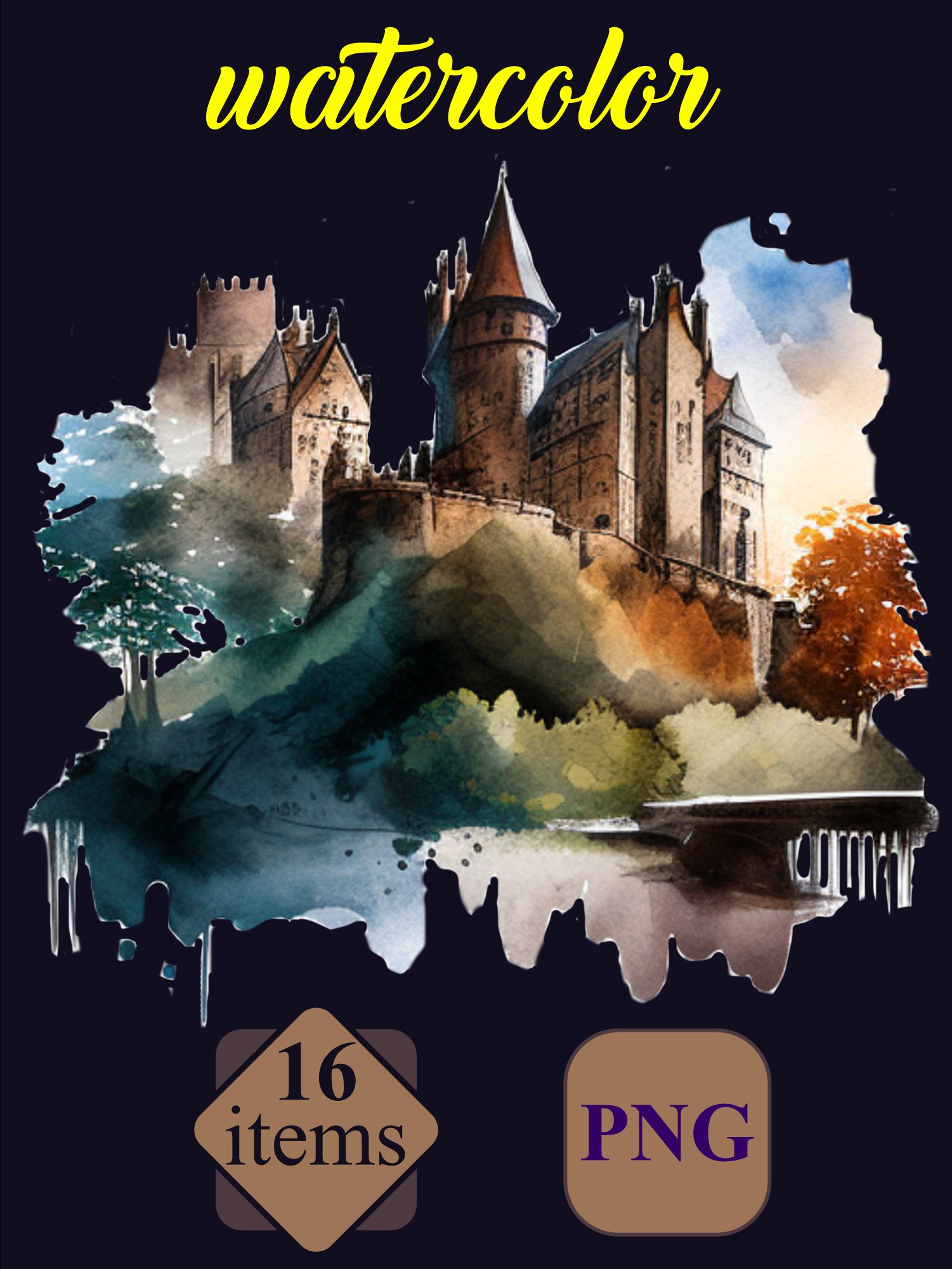 Medieval castle Watercolor PNG Clipart Sublimation