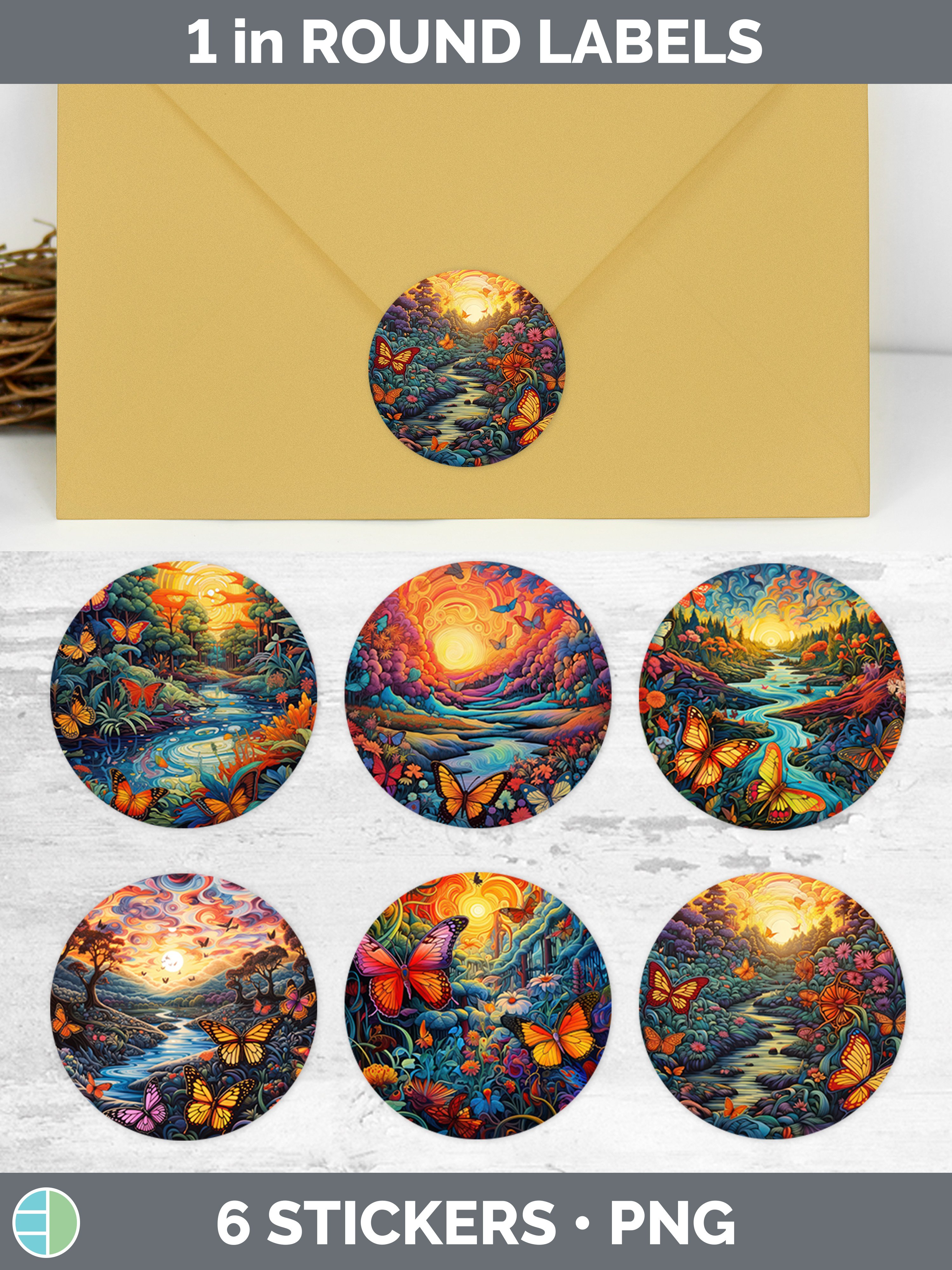 Psychedelic Butterflies Stickers | Round Labels Designs Bund