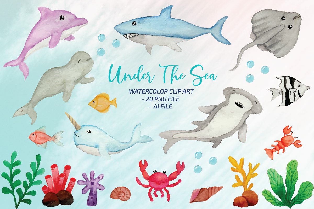 Under the Sea Watercolor Clip Art PNG 02