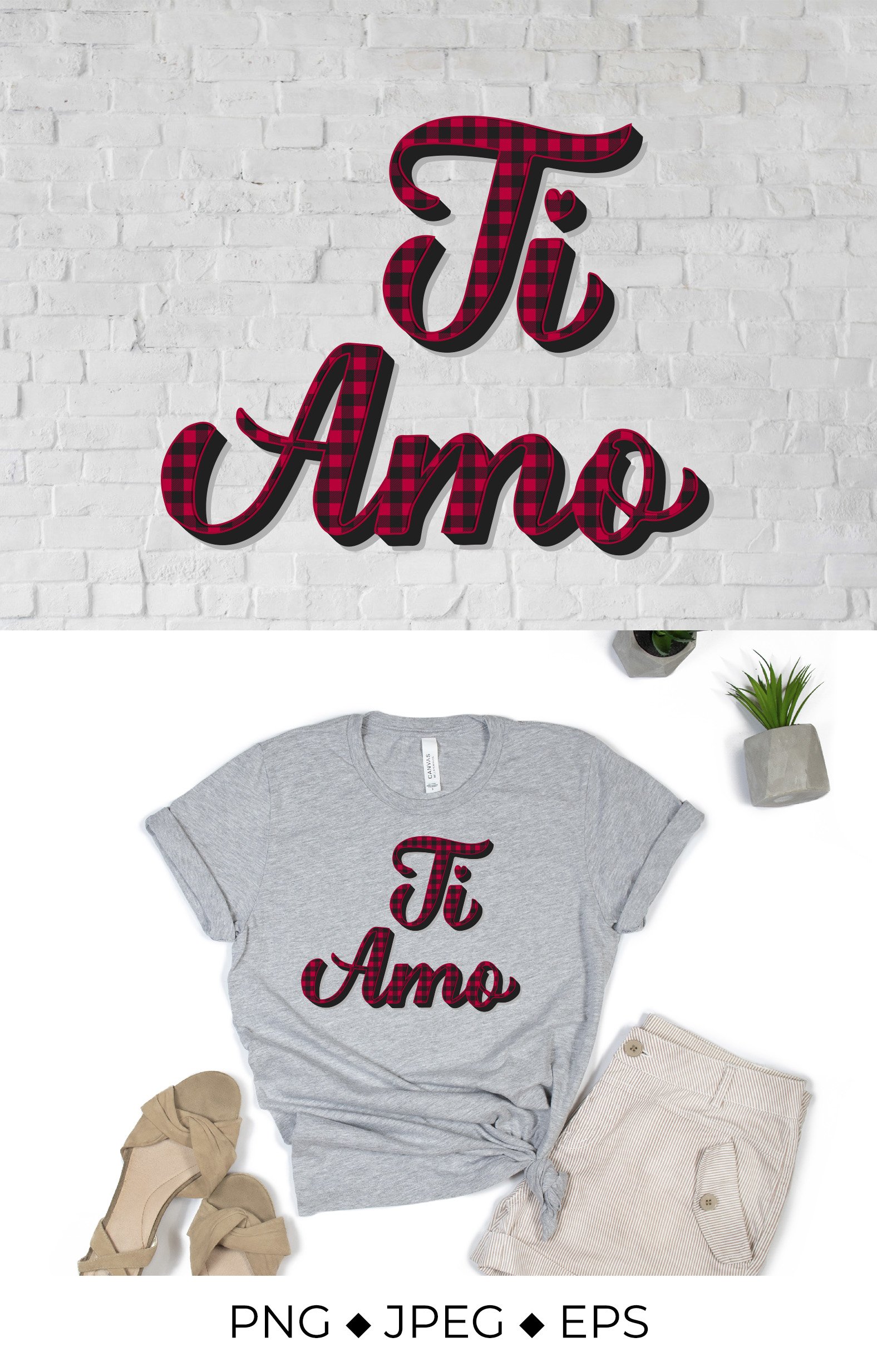 Ti Amo lettering. I Love You in Italian. Red buffalo pattern