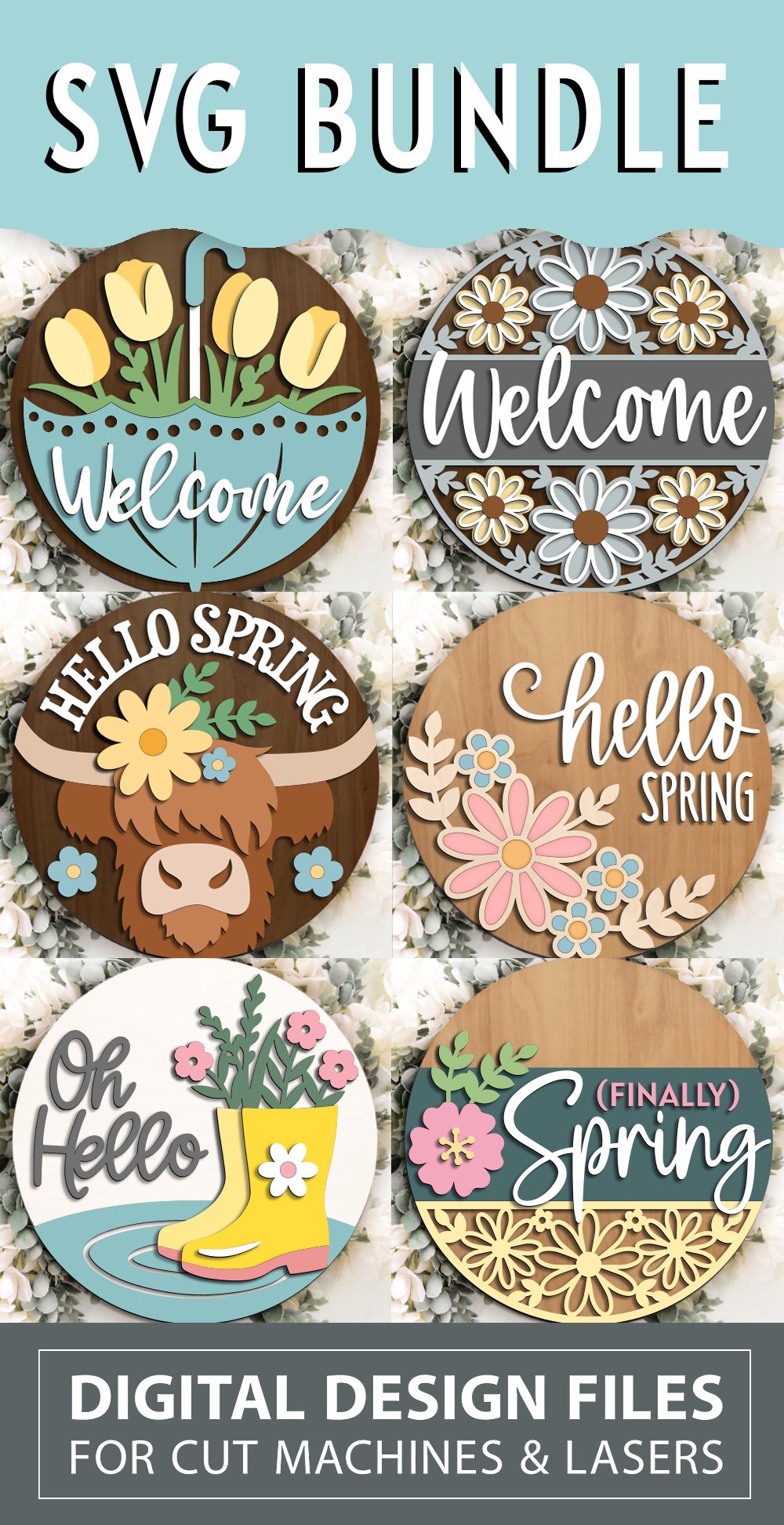 Spring Round Door Sign Bundle 3 - SVG Laser Cut Files