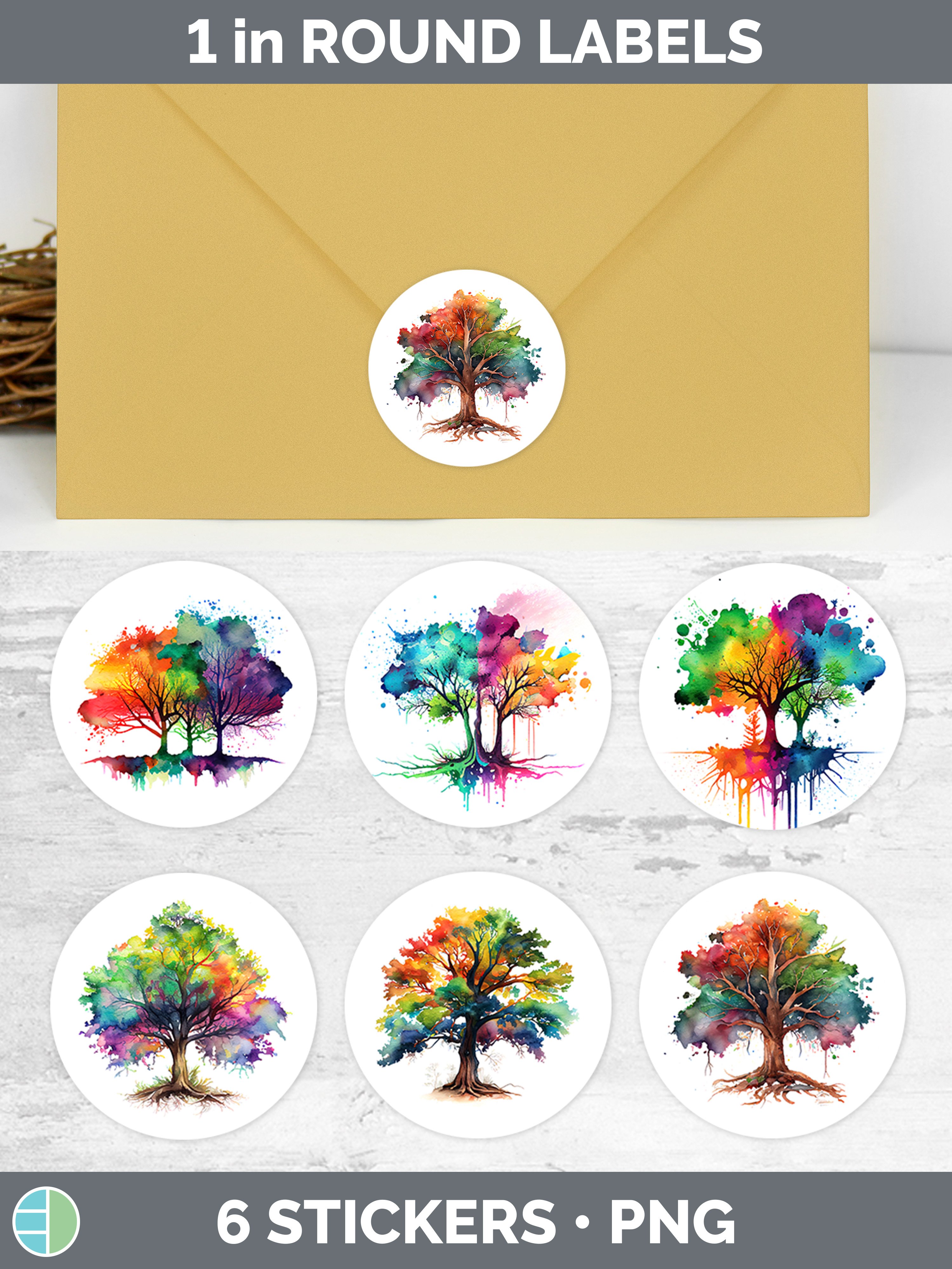 Rainbow Oak Trees Stickers | Round Labels Designs Bundle