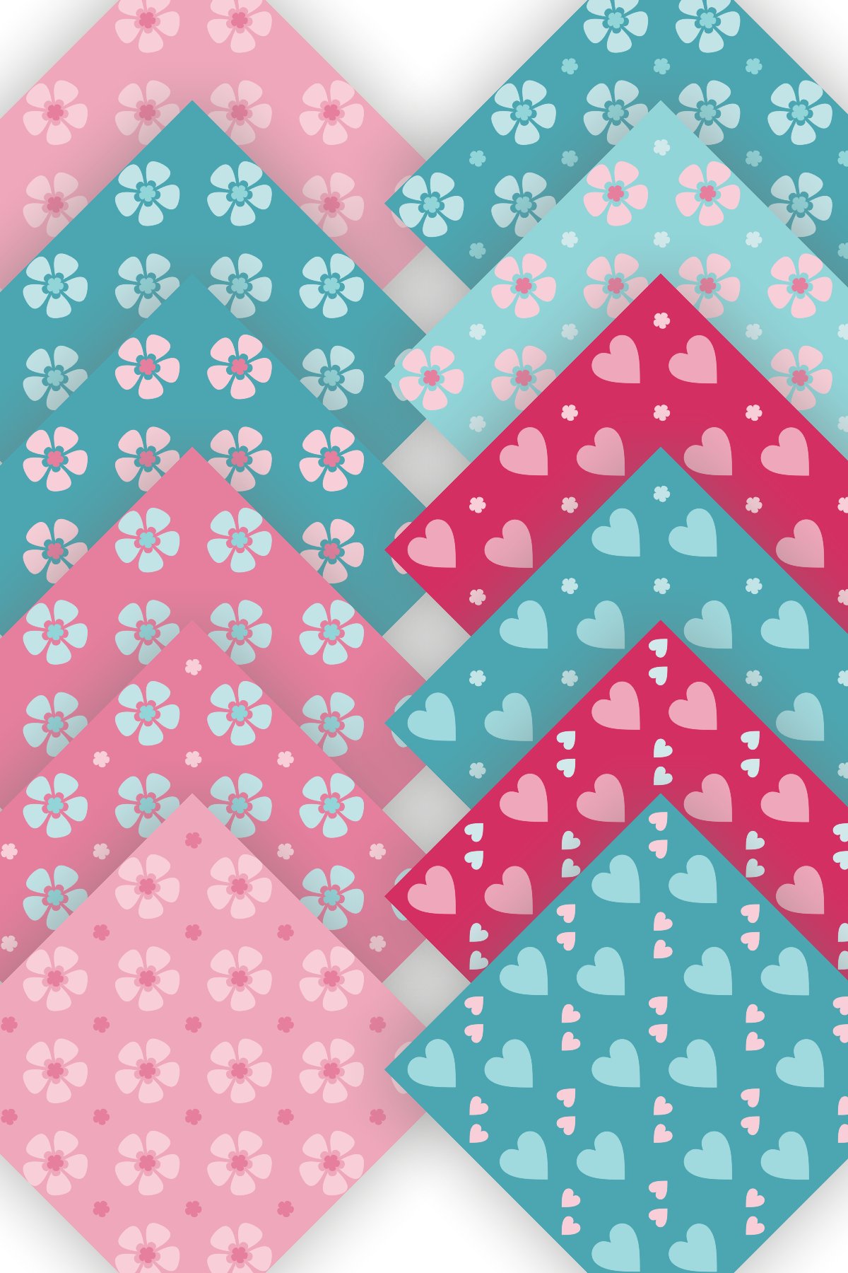 Flowers and Hearts in Pink and Blue - Seamless Pattern Tiles