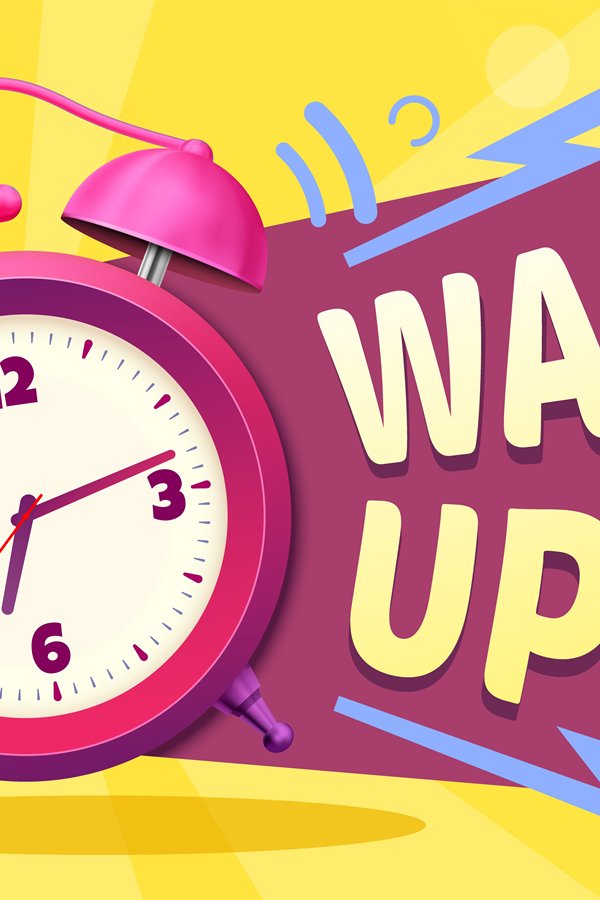 Wake up poster. Good morning, alarm clock ringing and mornin