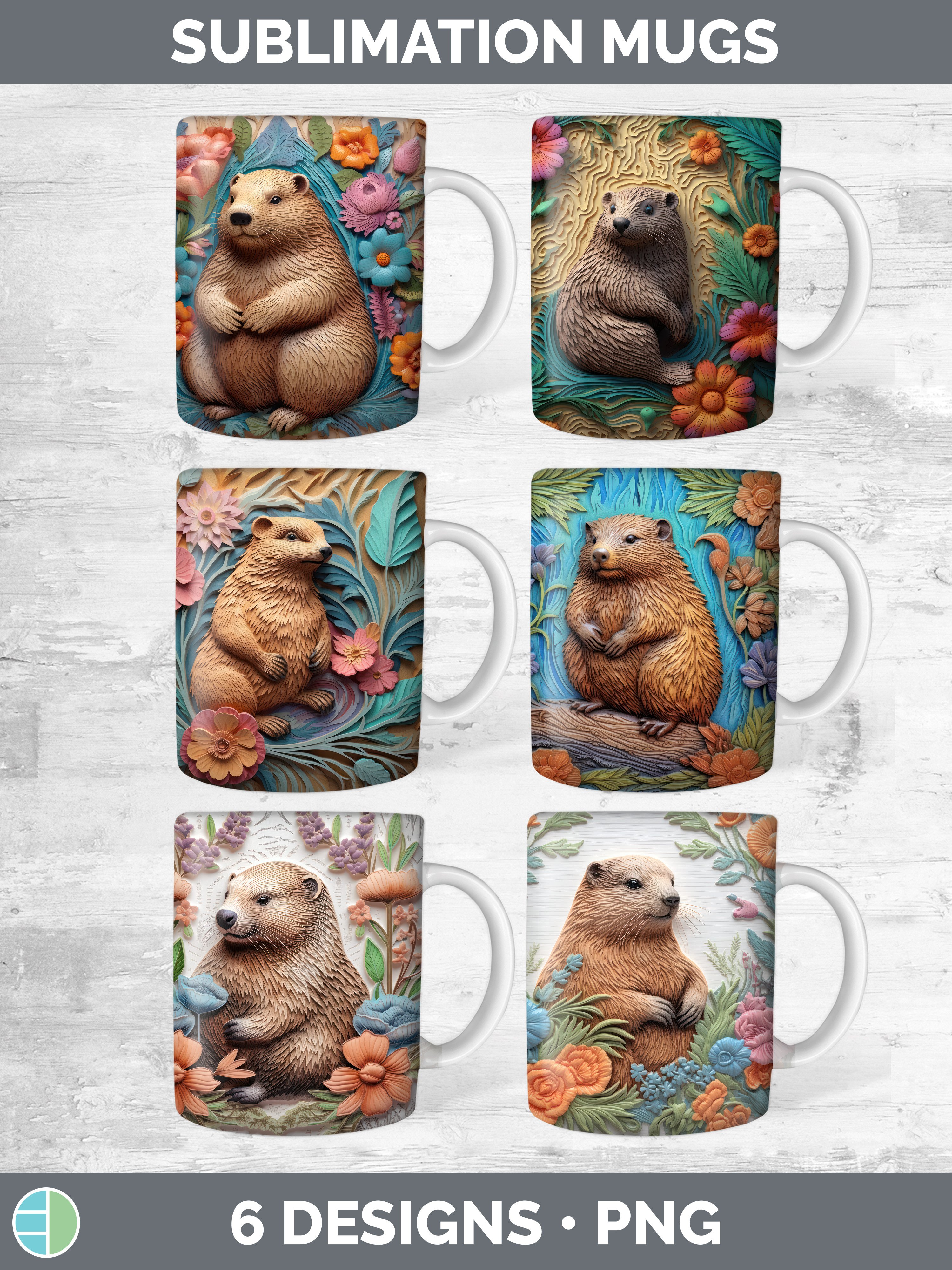 3D Beaver Mug Wrap | Sublimation Coffee Cup Designs Bundle