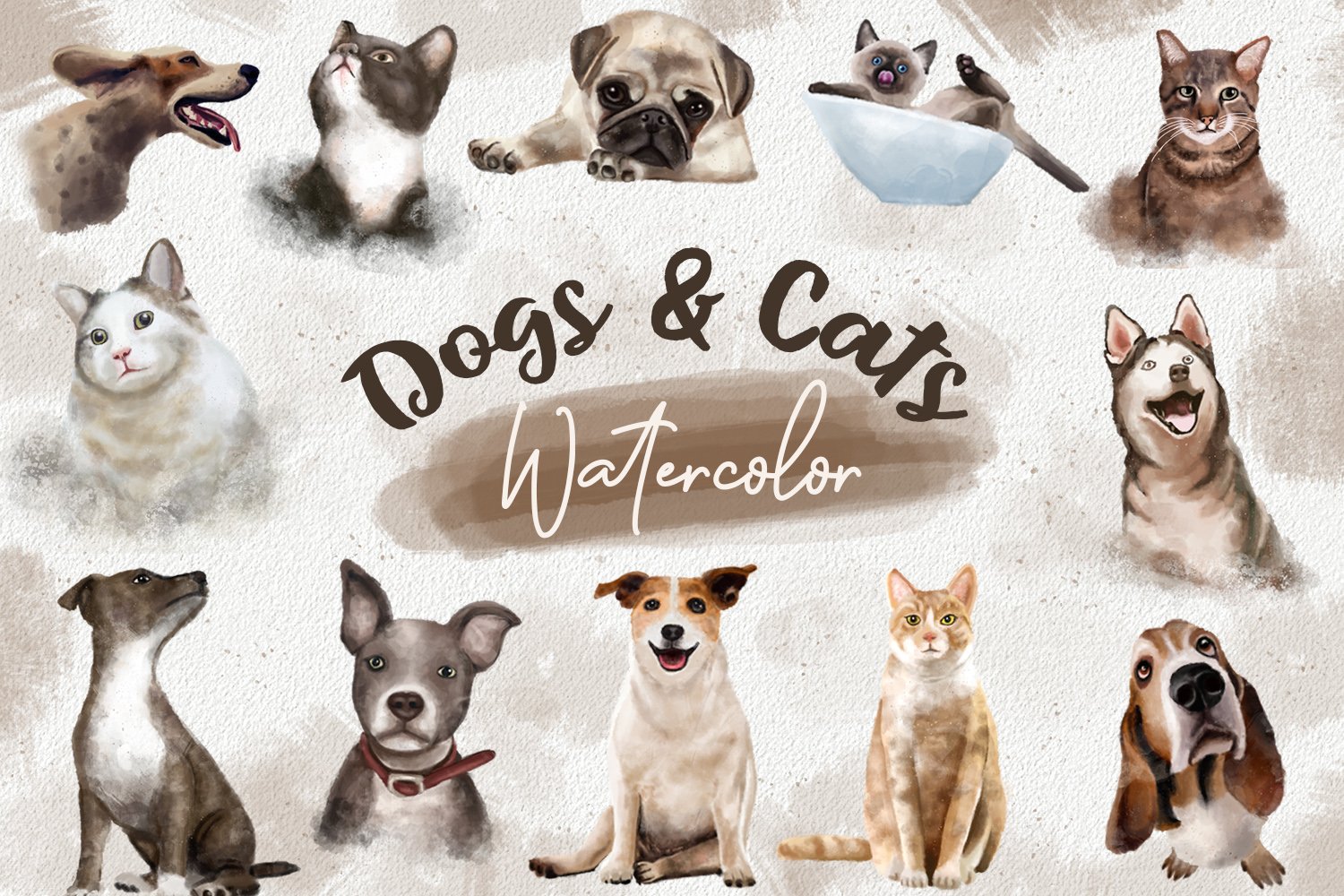 Dogs and Cats Watercolor Collection Clipart Bundle PNG