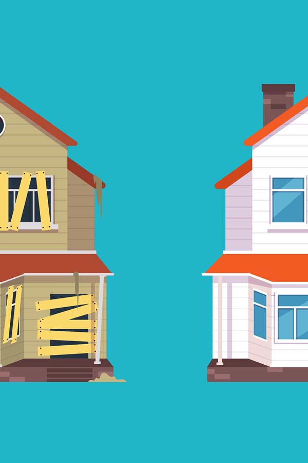 Home renovation. House before and after repair. New and old