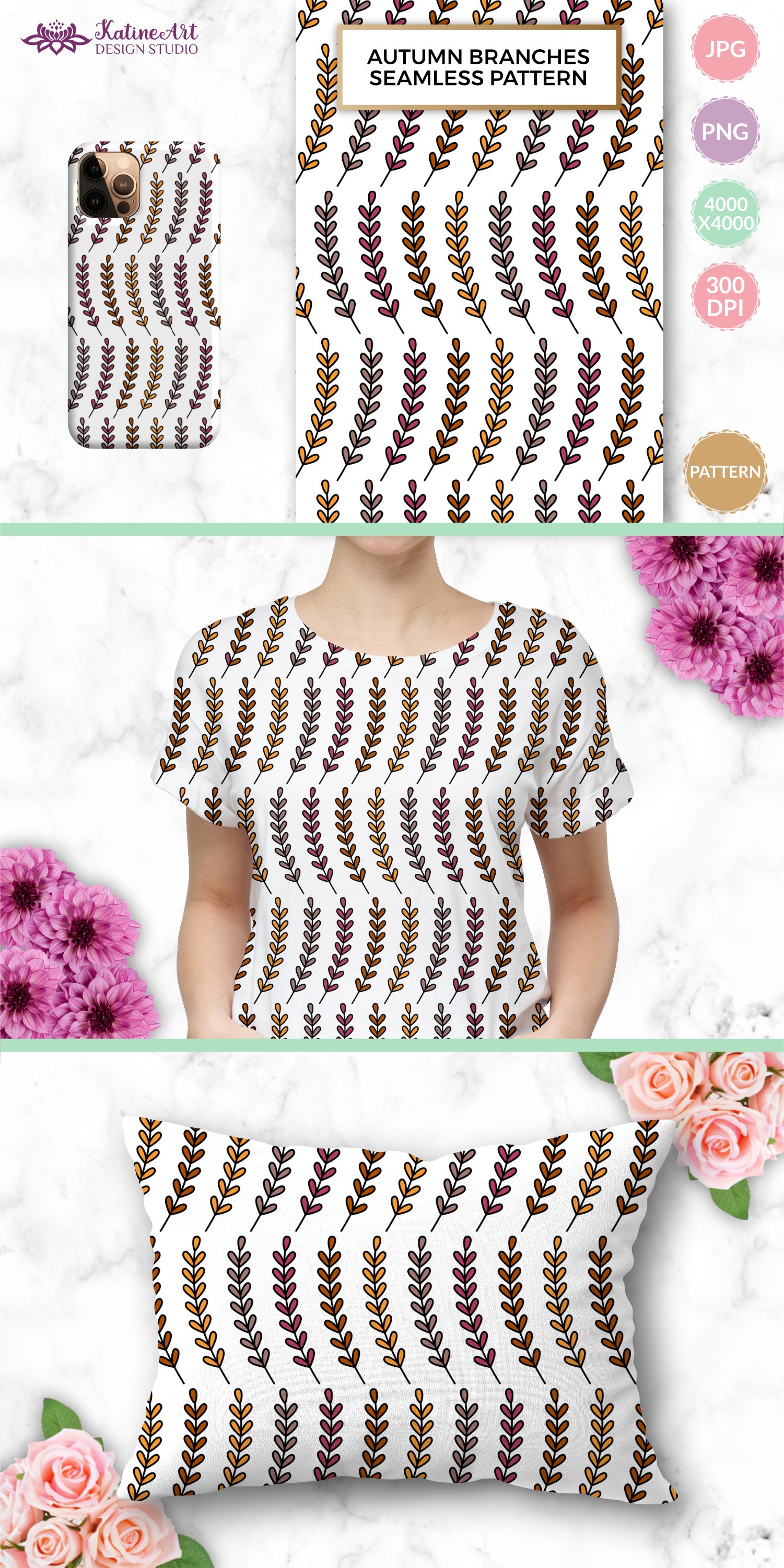 Autumn branches with leaves. Fall seamless pattern