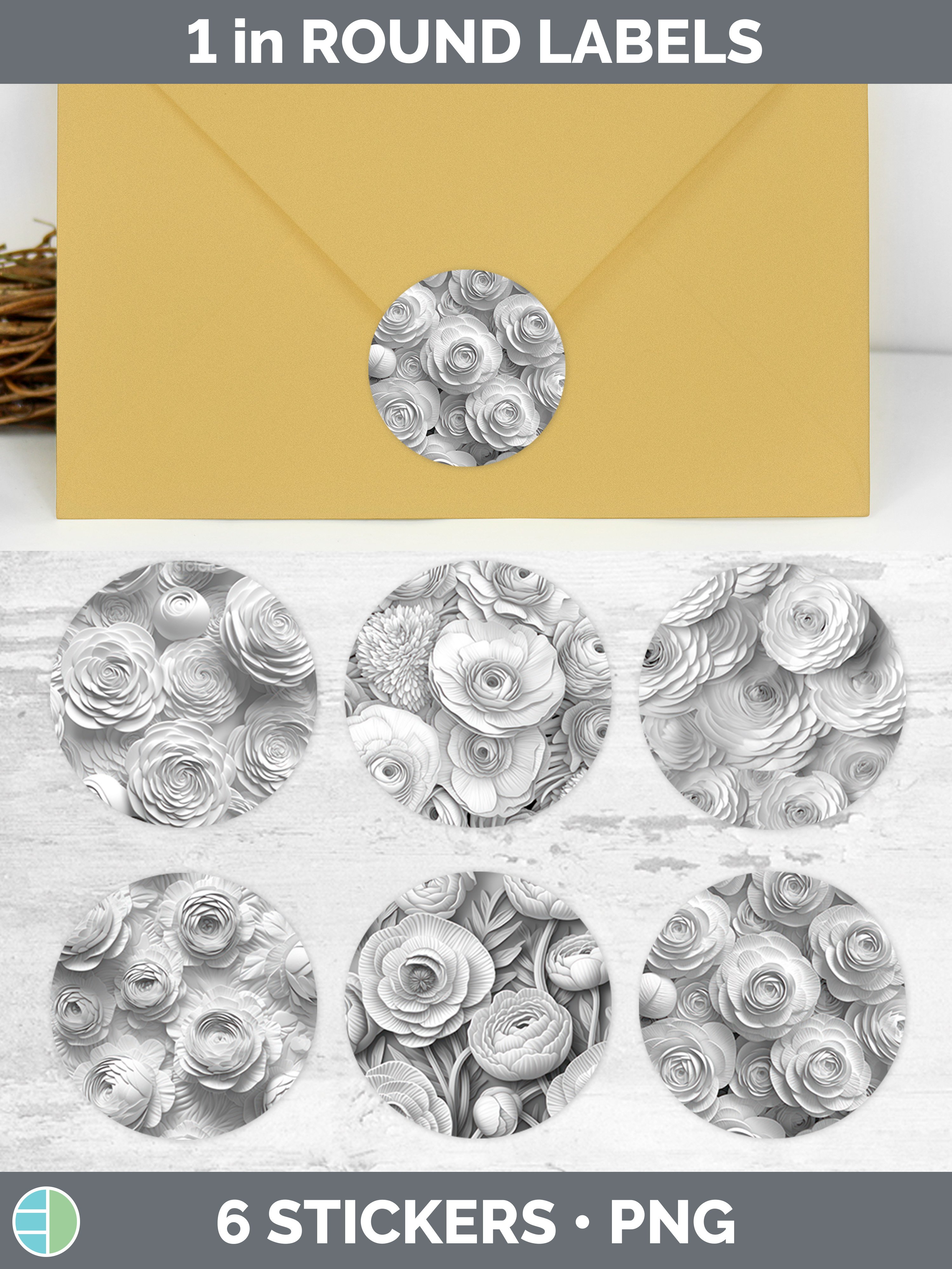 3D White Ranunculus Flowers Stickers | Round Labels Designs