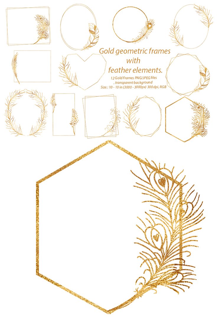 Gold geometric frames with feather elements. 12 PNG/JPEG