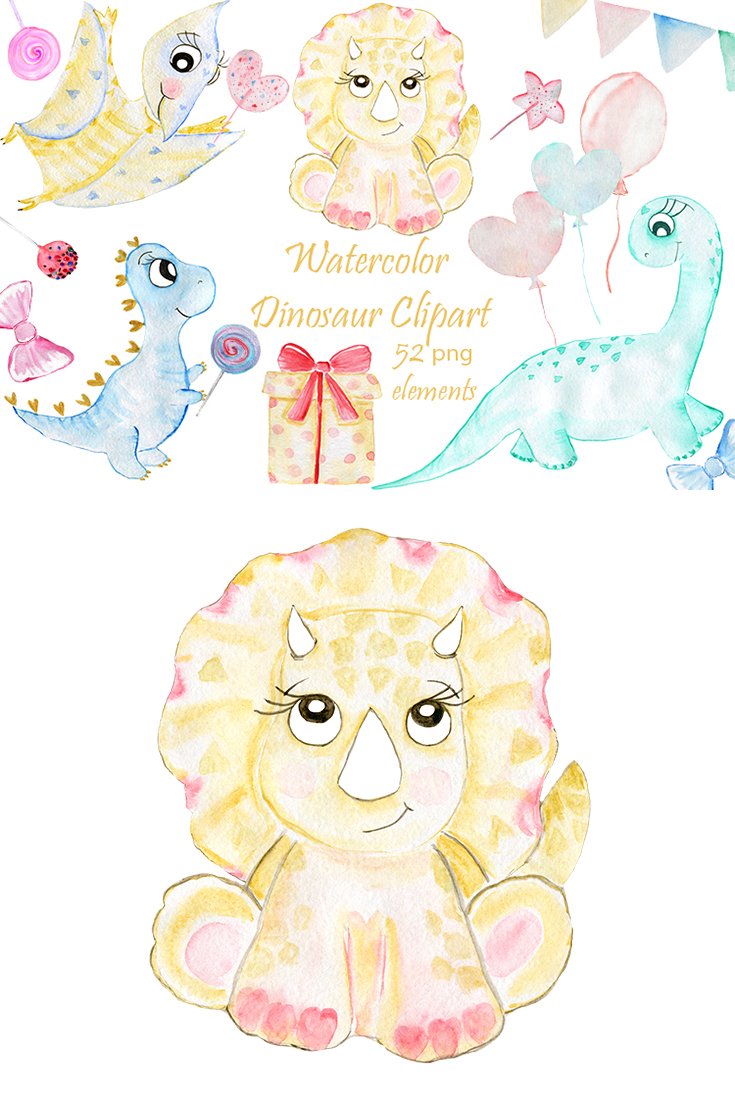 Watercolor Dinosaur Clipart. Baby party. 52 PNG elements.