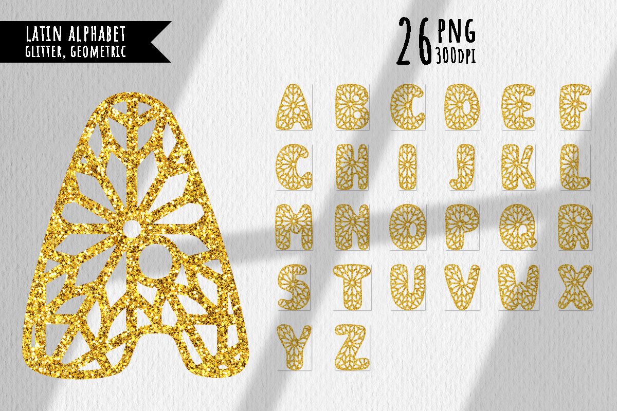 Gold glitter Latin alphabet with geometric pattern