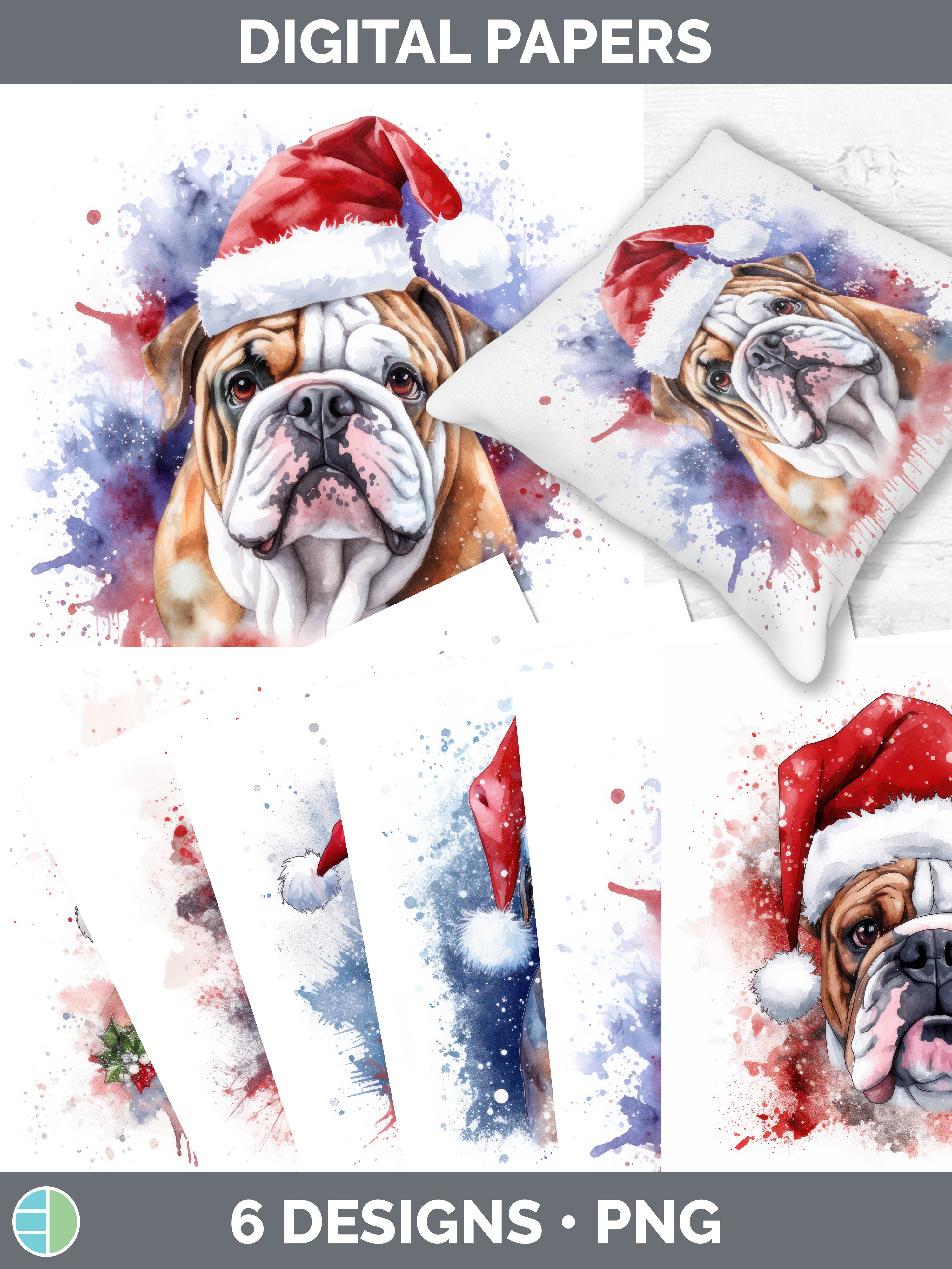 Christmas Santa Hat Bulldog Dog Paper Backgrounds | Digital
