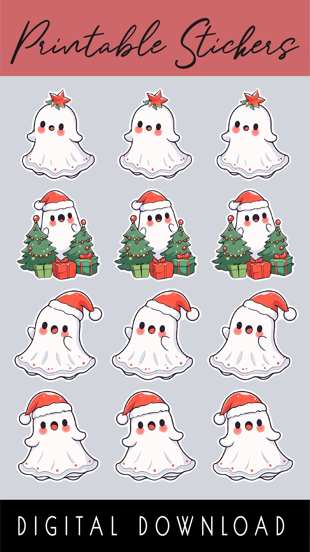 Cute Christmas Ghost Stickers, Printable Sticker Sheet