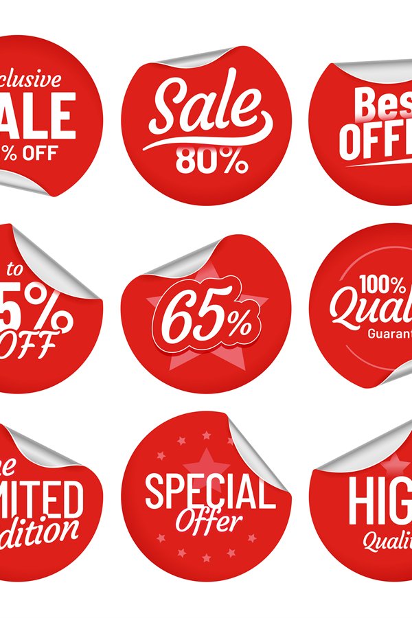 Sale sticker. Shopping tag label, red on sale stickers with
