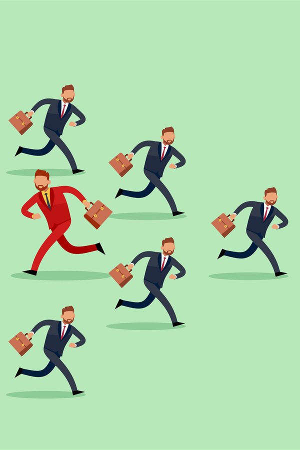 Opposite direction. Businessman running, unique man thinking