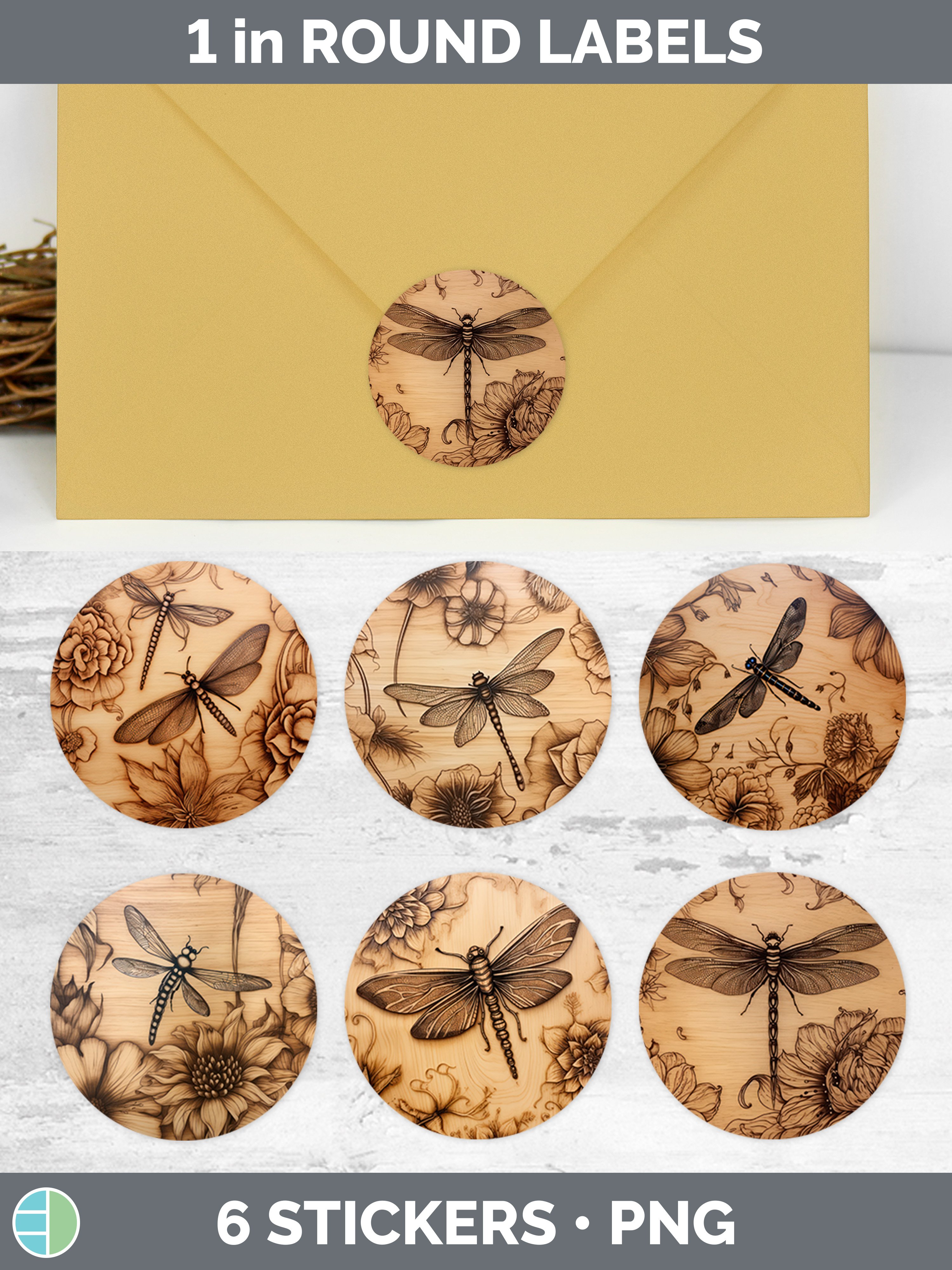 Wood Burned Dragonflies Stickers | Round Labels Designs Bund